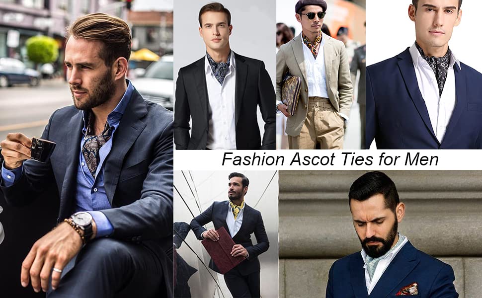 HISDERN Black Ascot Tie Mens Formal Cravat Ties Floral Paisley Polka Dot Jacquard Self Ascots Cravat Scarf Wedding Party