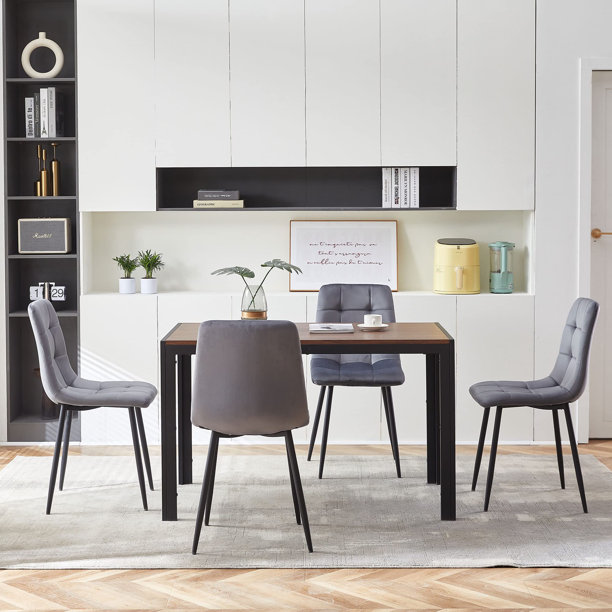 Homedot Modern Dining Room Set for 4, 5 Pieces Dining Table Set, Solid Walnut Table Imitation Wood with Sturdy Metal Frame&Legs, Comfy Velvet Dining Chair Armless for Space Saving, Stylish Dinette Set