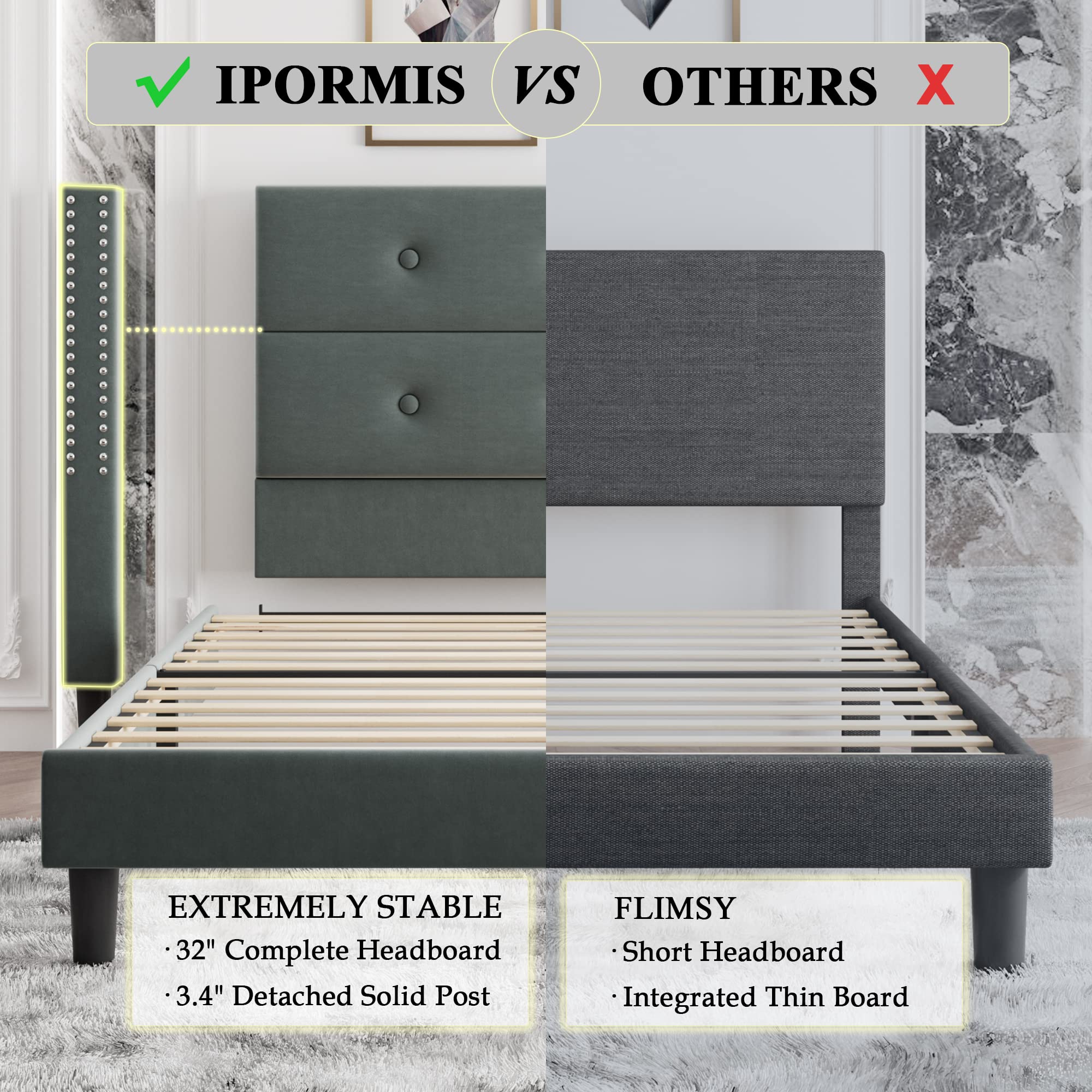 iPormis Queen Size Platform Bed Frame, Velvet Upholstered Bed Frame with Button Tufted & Nailhead Headboard, Wooden Slats Support, No Box Spring Needed, Noise-Free, Gray