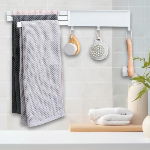 Swivel Towel Bar-3-Arm Bathroom Towel Rack 180° Rotating with Double-sided Tape No Nail Self-adhesive Hand Towel Holder No Nail Wall Mount Dish Rag Dishcloths Washcloth Storage Organizer Hanger(White)