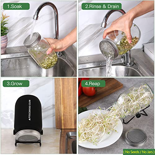 VOLCANOES CLUB Seed Sprouting Jar Germination Kit Accessories - Blackout Sleeves/Jar Stands/Sprout Lids for Wide Mouth Mason Jar - for Growing Microgreens, Broccoli, Bean Sprouts, Alfalfa (2 Pack)