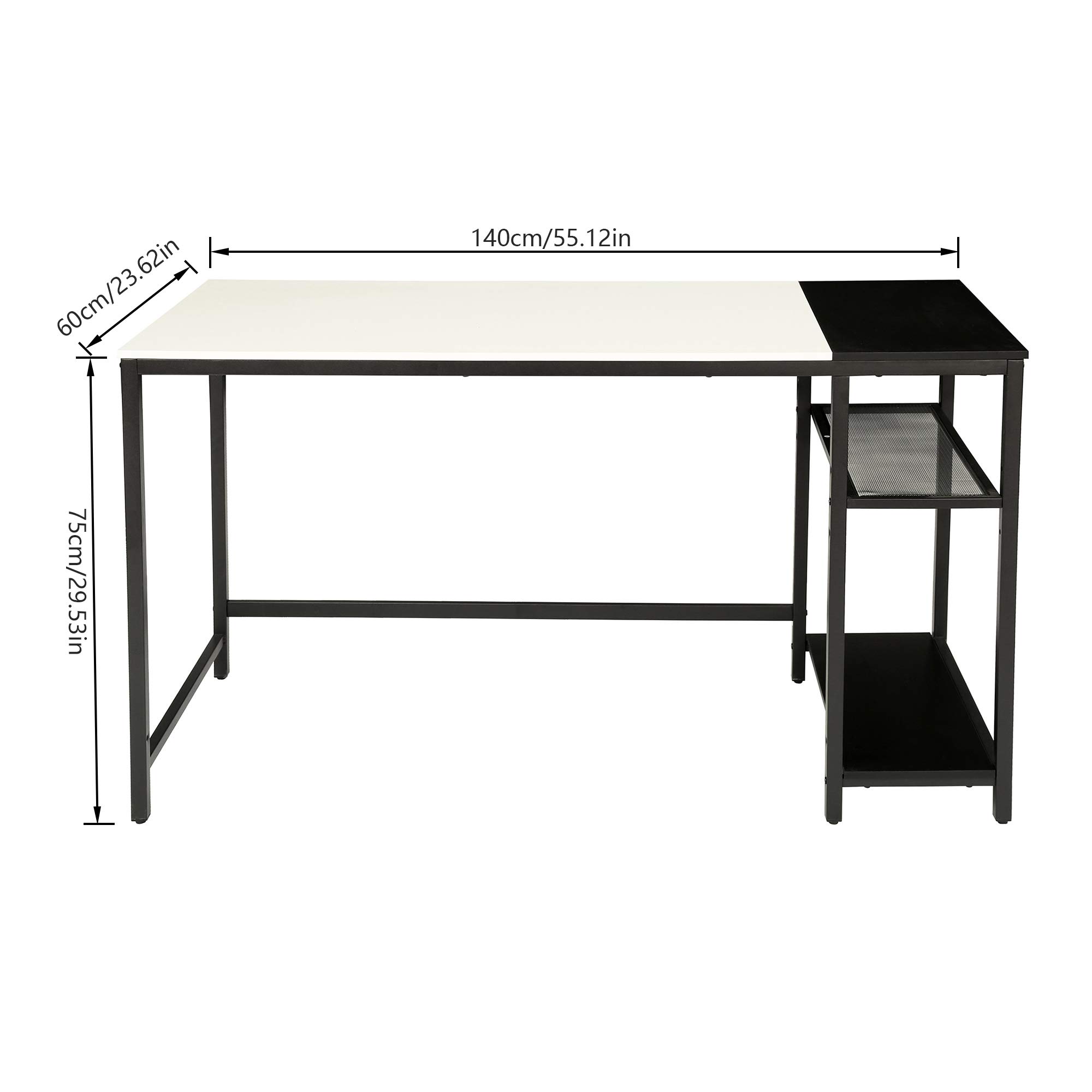 JEROAL 55 Inch Computer Desk with Shelves, Large Wooden Desk with 2 Storage Shelves, Industrial Study Writing Table for Home, Office and Study Room, White and Black Desktop with Black Metal Base