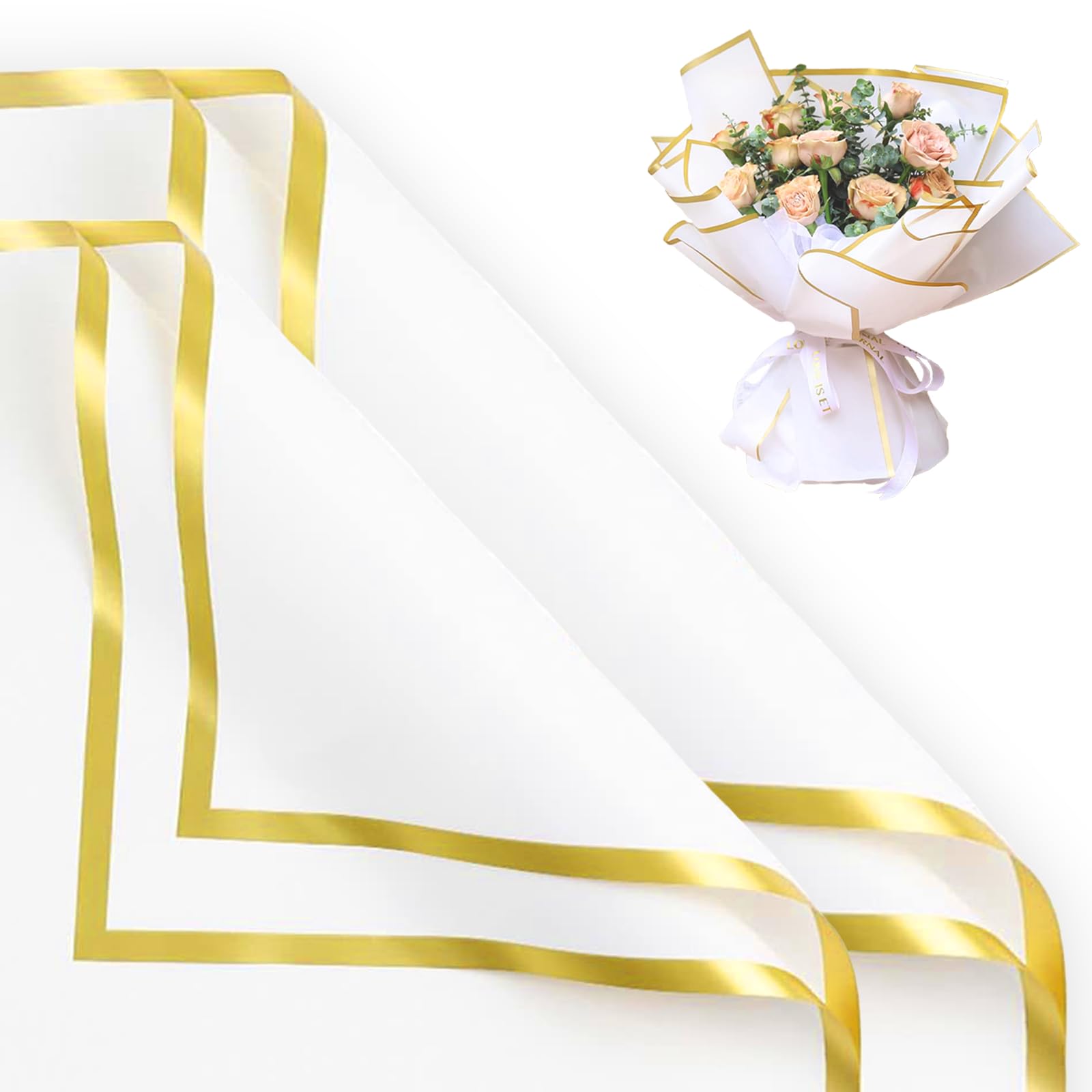 Trrioosy 20 Sheets Flower Wrapping Paper Waterproof Gold Edge Floral Bouquet Wrapping Paper Florist Supplies Gift Packaging Paper for DIY Crafts Flower Shop (White)