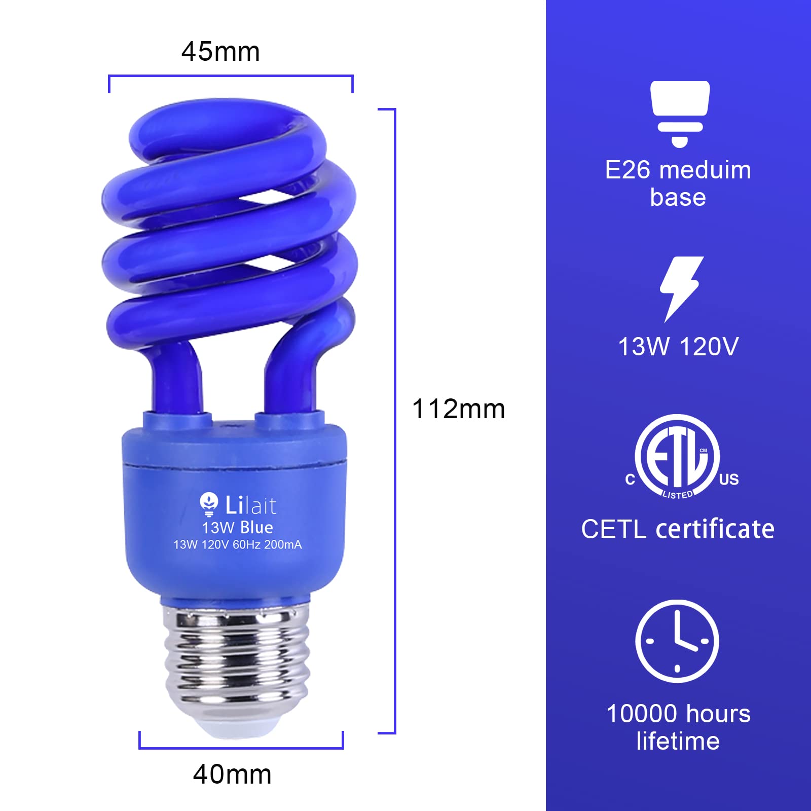 LILAIT CFL 13 Watt Light Bulbs CETL Approved E26 Base 120V Party Light for Indoor and Outdoor (Blue)