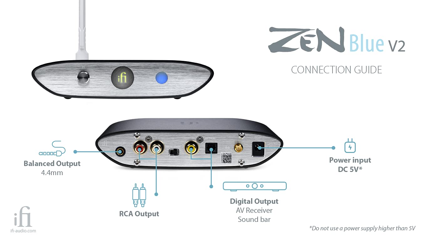 iFi Zen Blue V2 - HiFi Bluetooth 5.0 Receiver Desktop DAC for Streaming Music to Any Powered Speaker, A/V Receiver, Amplifier - Outputs - Optical/Coaxial/SPDIF/BRCA / 4.4 Balanced (US Version)