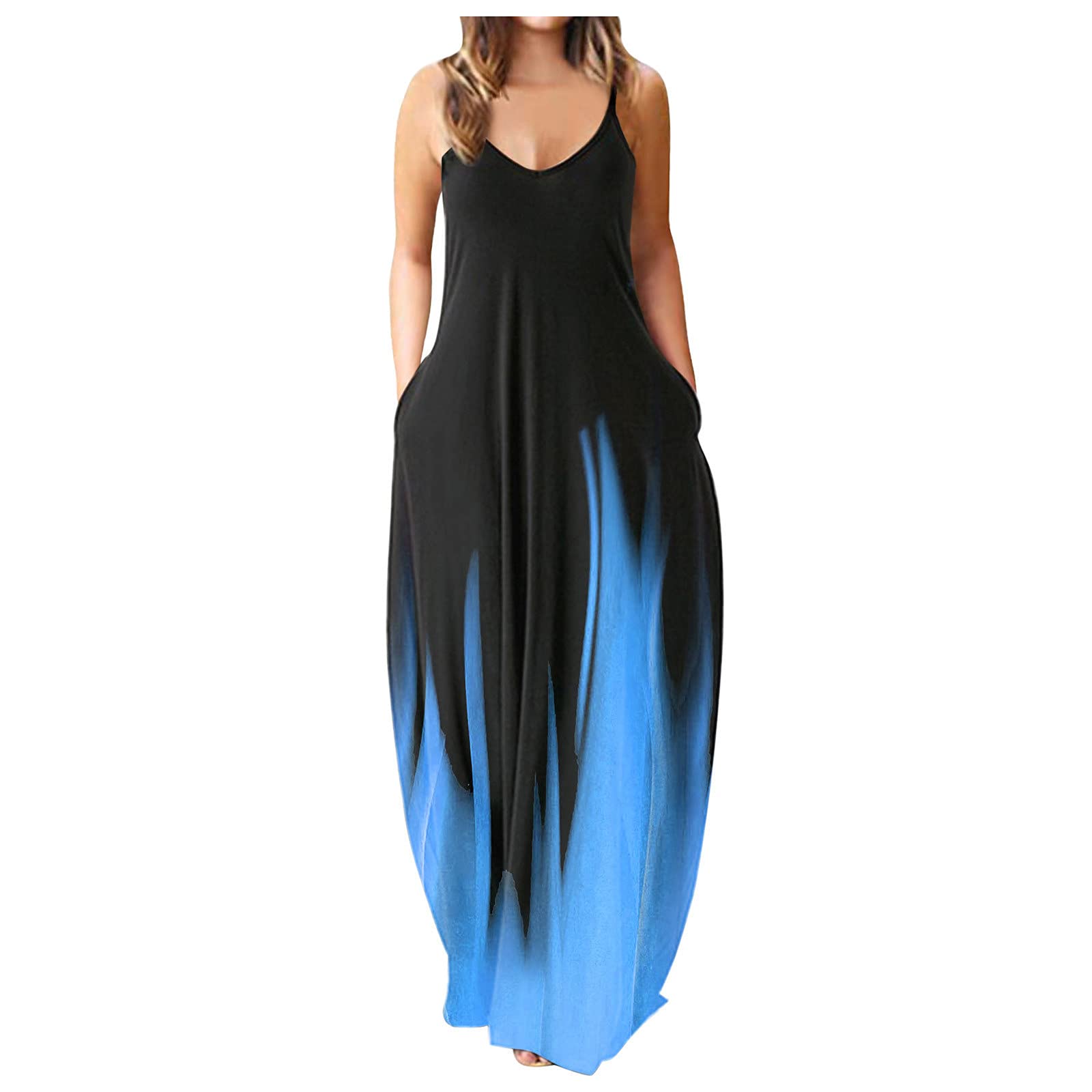 Keepfit Sling Dress for Women Tie Dye Spaghetti Straps Dress Pockets Maxi Dress for Spring Summer Blue