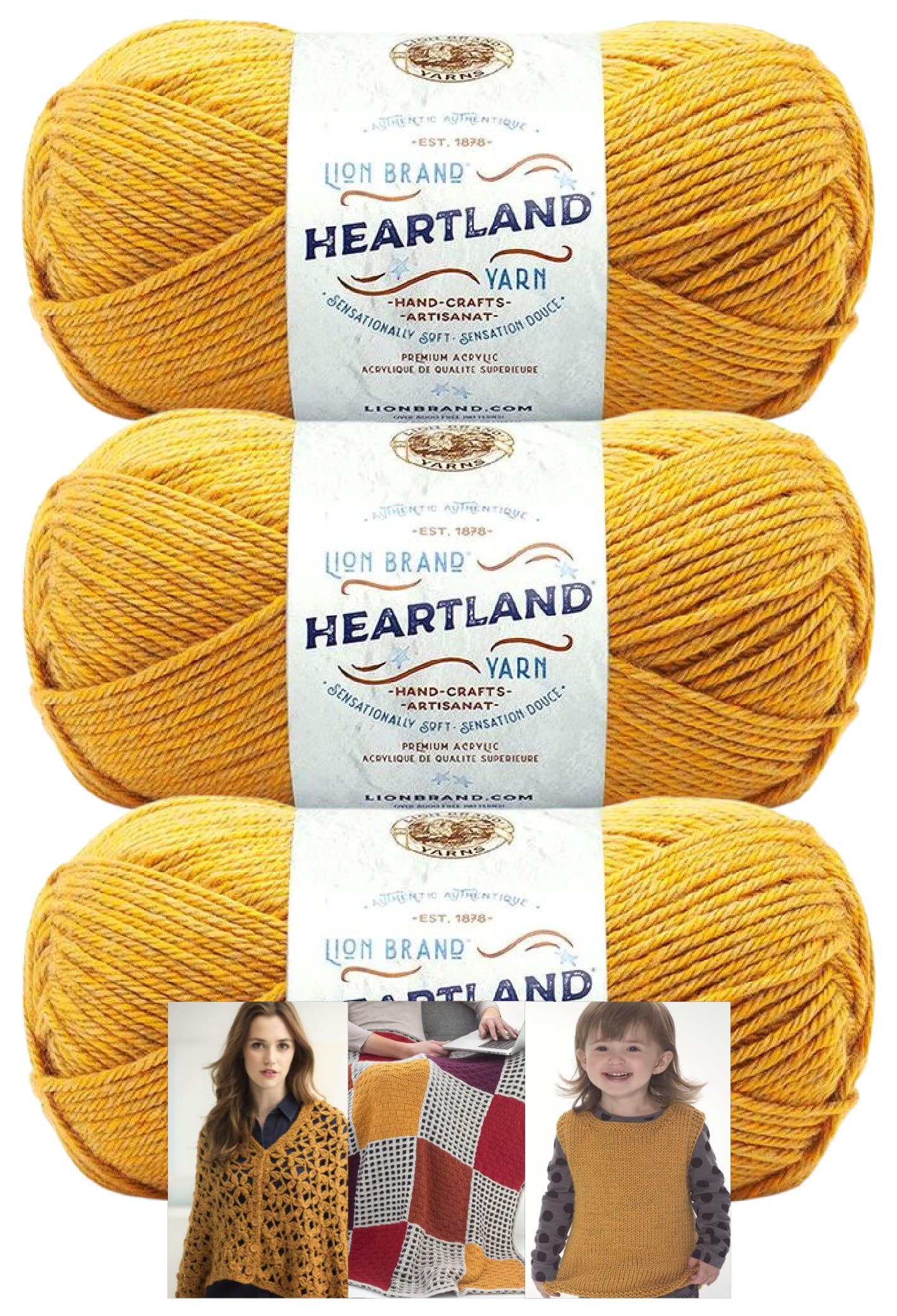 Lion Brand Yarn - Heartland - 3 Pack with Pattern Cards in Color (Yellowstone)