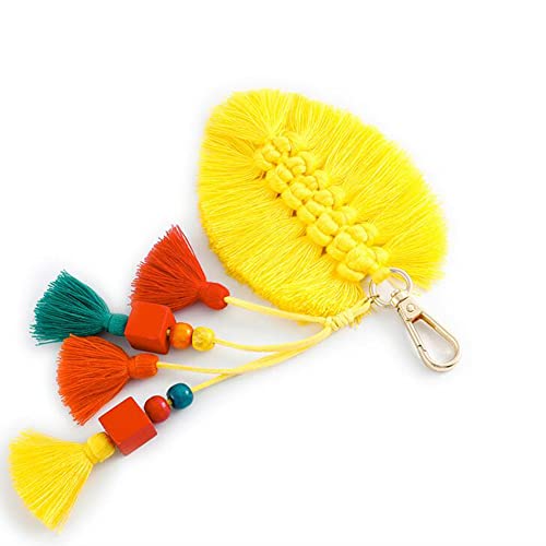 MoreChioce Car Keychain, Wooden Bead Key Chain Cute Cotton Thread Tree Leaves Key Ring Pendant Handbag Bag Decoration Accessories,Yellow