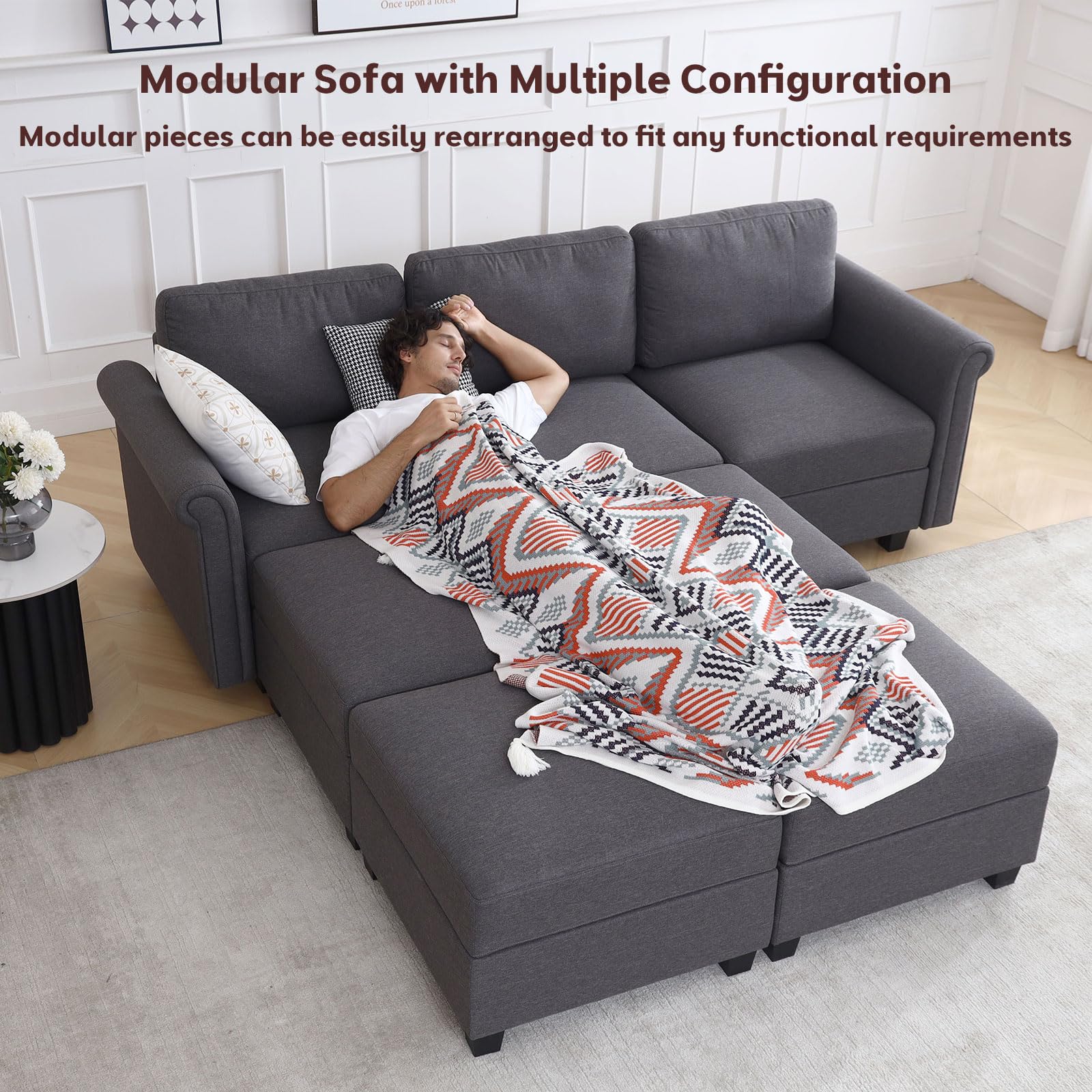 UniPon Modular Sectional Sofa with Storage Seat Upgrade Large U Shaped Sofa Couch with Chaise, 6 Seats 120''L Modular Sofa Convertible Couch for Living Room/Deep 27'' Ottoman/Memory Foam Cushion