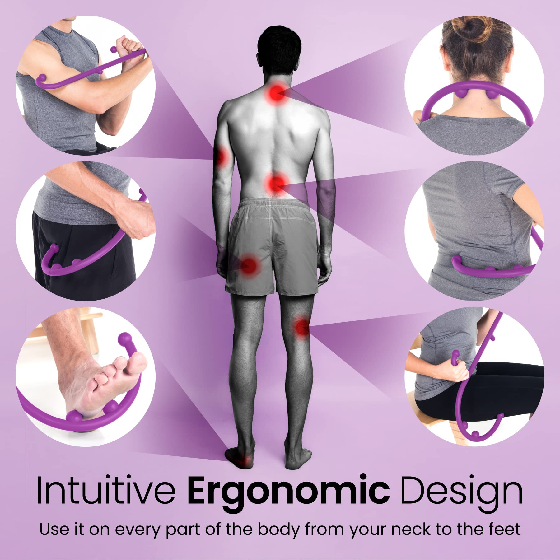 LiBa Back and Neck Massager - Trigger Point Massage Tools for Pain Relief and Self Massage Hook Therapy Handheld Back Neck Shoulder Massager Purple - Gift for Women & Men