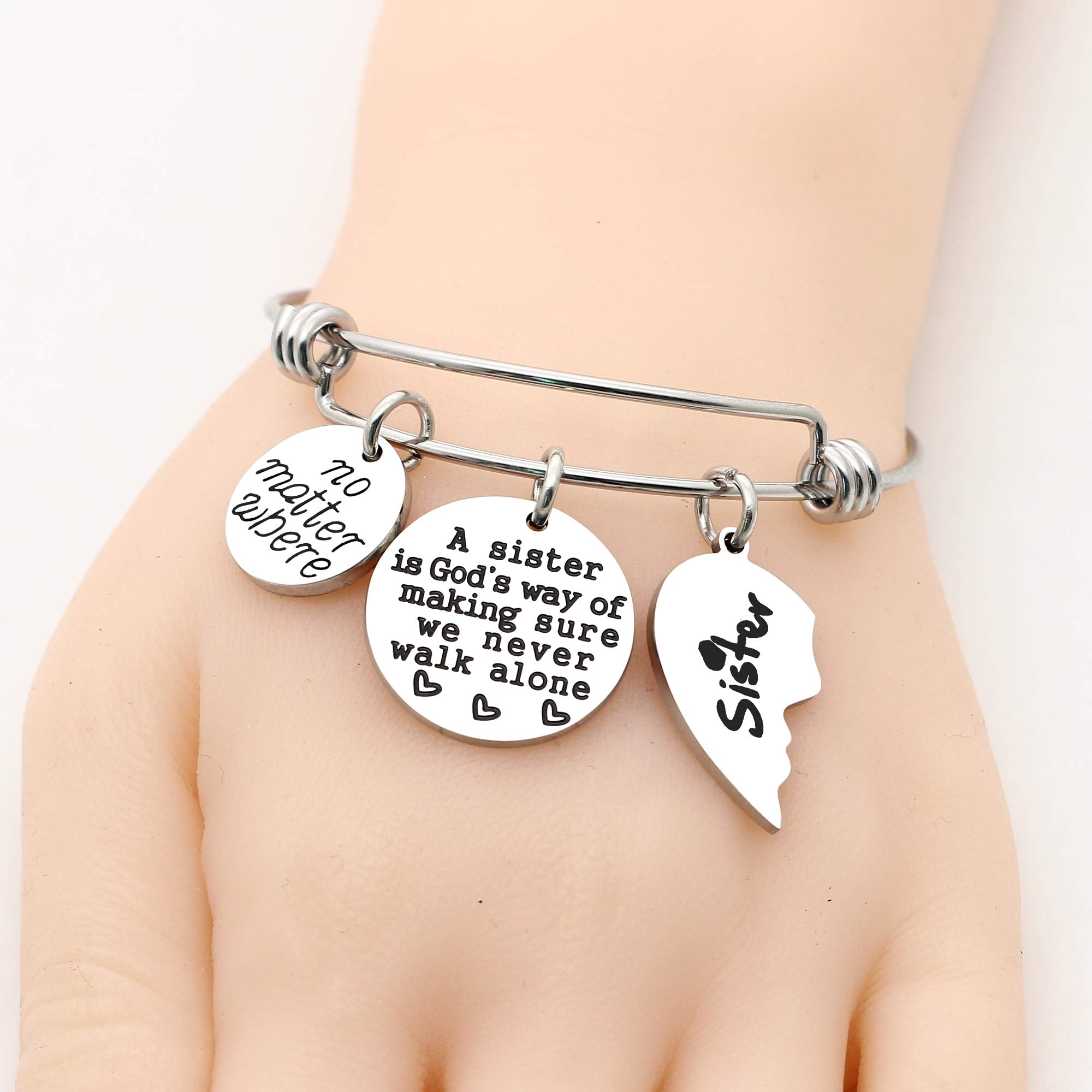 JQFEN No Matter Where Sister Bracelets 2 Pcs Broken Heart Round Charm Bangles for Sister Daughter