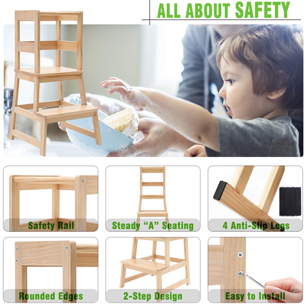 KATARUS Kitchen Step Stool for Kids and Toddlers with Safety Rail Children Standing Tower for Kitchen Counter, Step Up Learning Stool Monthers' Helper, Solid Hardwood Construction, Natural Finish