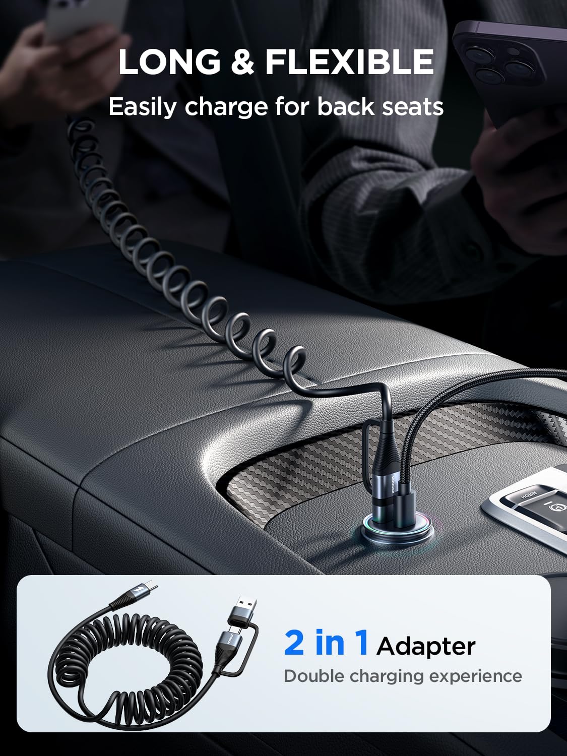 JOYROOM USB C Car Charger,【USB A/C to USB-C Coiled Cable】60W Super Fast Car Phone Charger 【Mini & All Metal】iPhone Car Charger Adapter for iPhone 15/14/13/12/11 Pro/11/X, Note 9/20 Galaxy S23/S10/S9