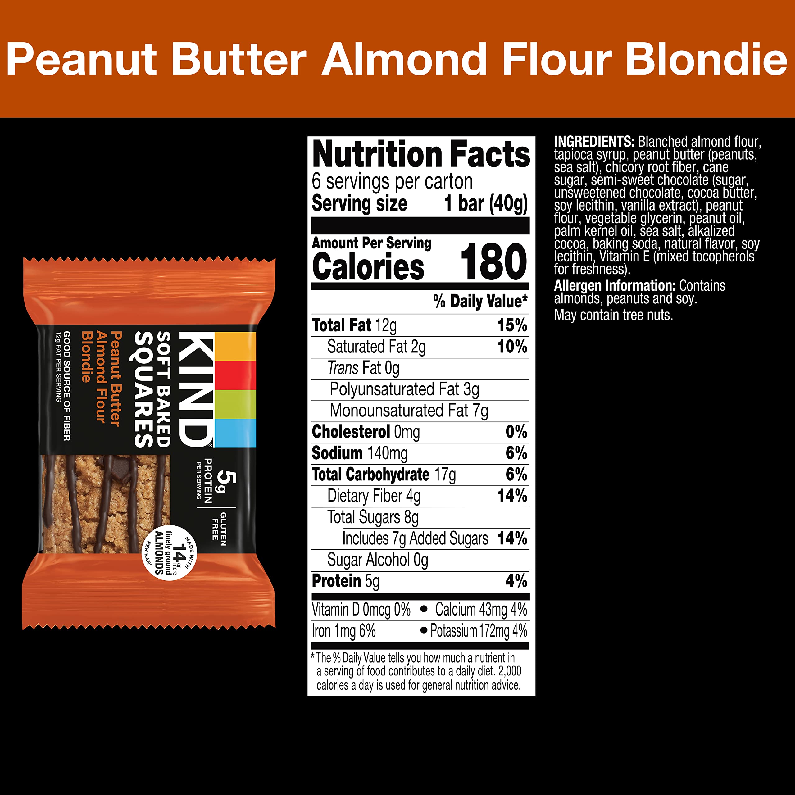 KIND Soft Baked Squares, Peanut Butter Almond Flour Blondie, 6 count
