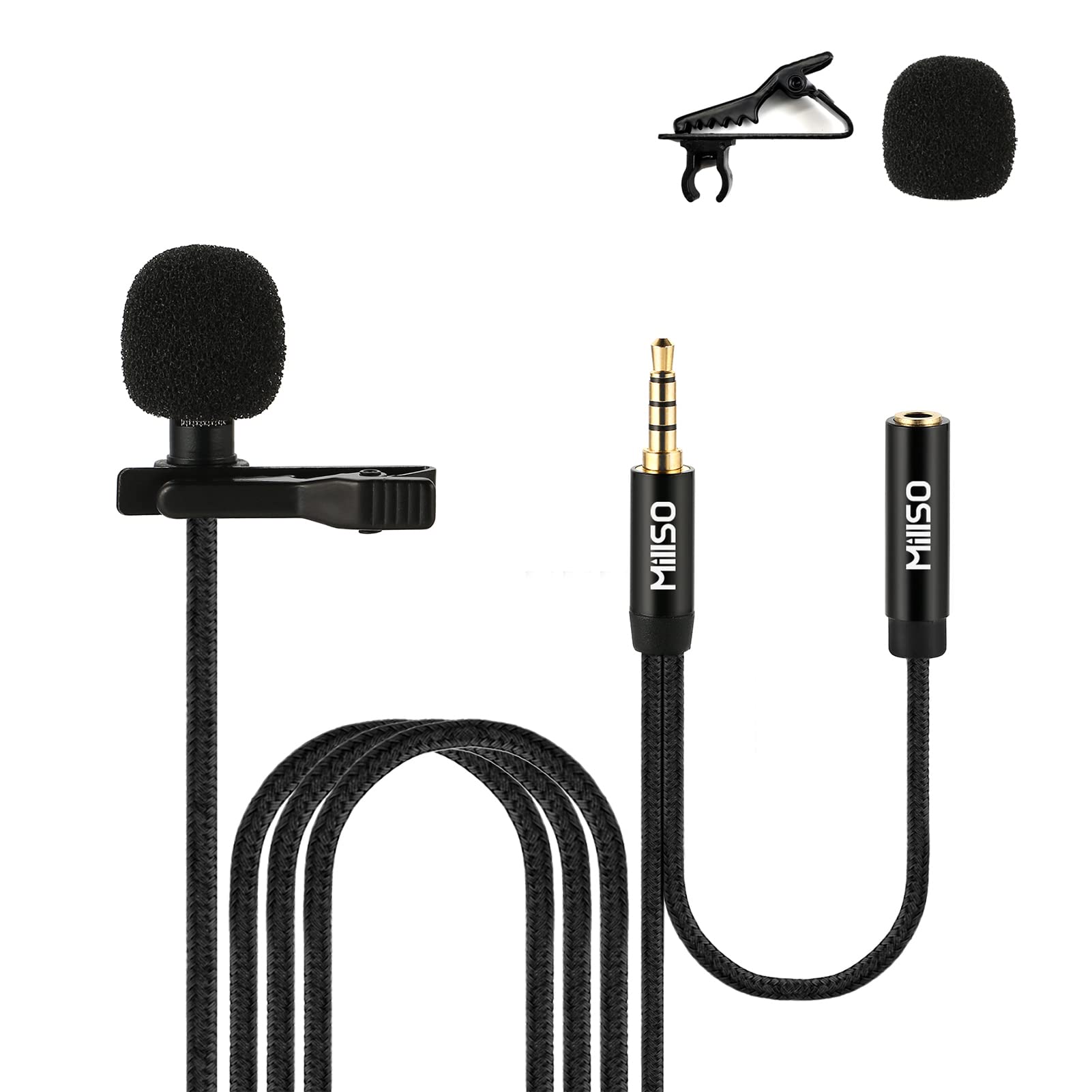 MillSO Lavalier Lapel Microphone W12 Omnidirectional Mini Wired Clip-on Microphone with 3.5mm TRRS Headphone Jack, for PC, Smartphone, YouTube, Interview, Teaching, Recording - 4ft/1.2m