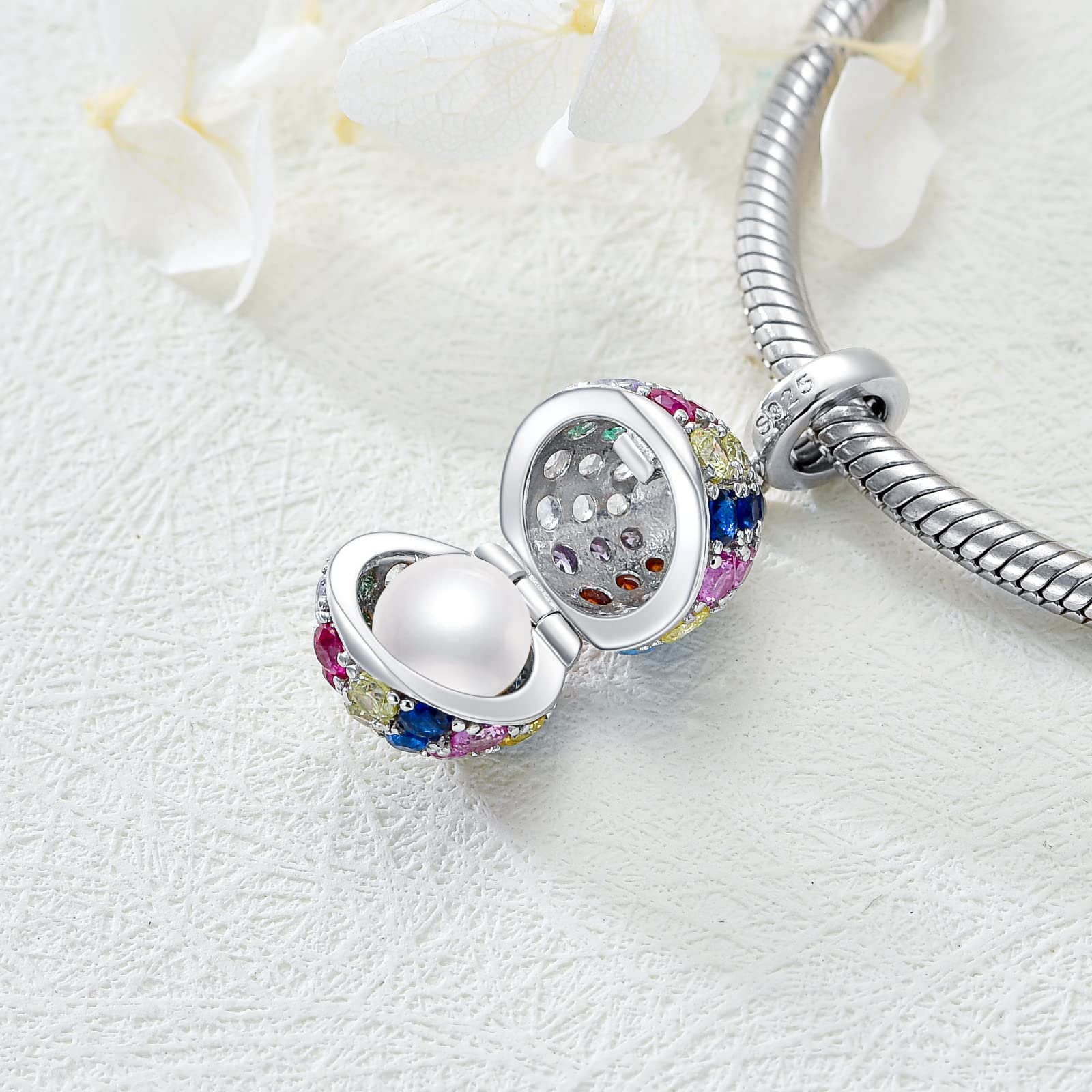 LONAGO Easter Egg Charm for Bracelet, 925 Sterling Silver Egg Bead Charm with Pearl Embellished Twelve Synthetic Birthstones Gift for Women Girls