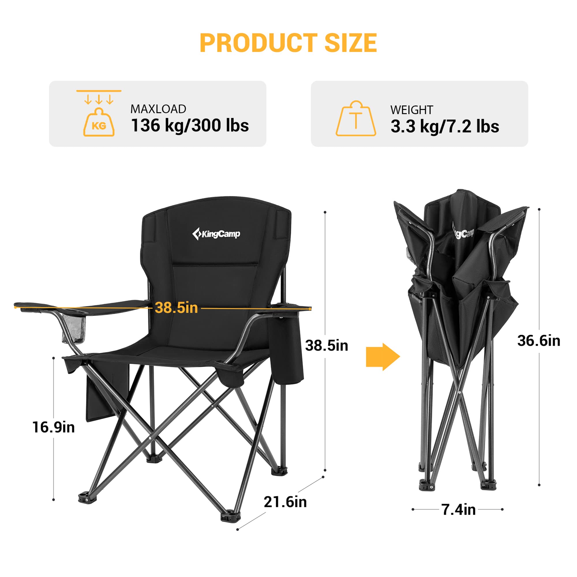 KingCamp Padded Folding Lounge Chairs with Built in Cupholder, Insulated Cooler Sleeve, and Side Storage Pocket for Indoor and Outdoors, 2 Pack, Black