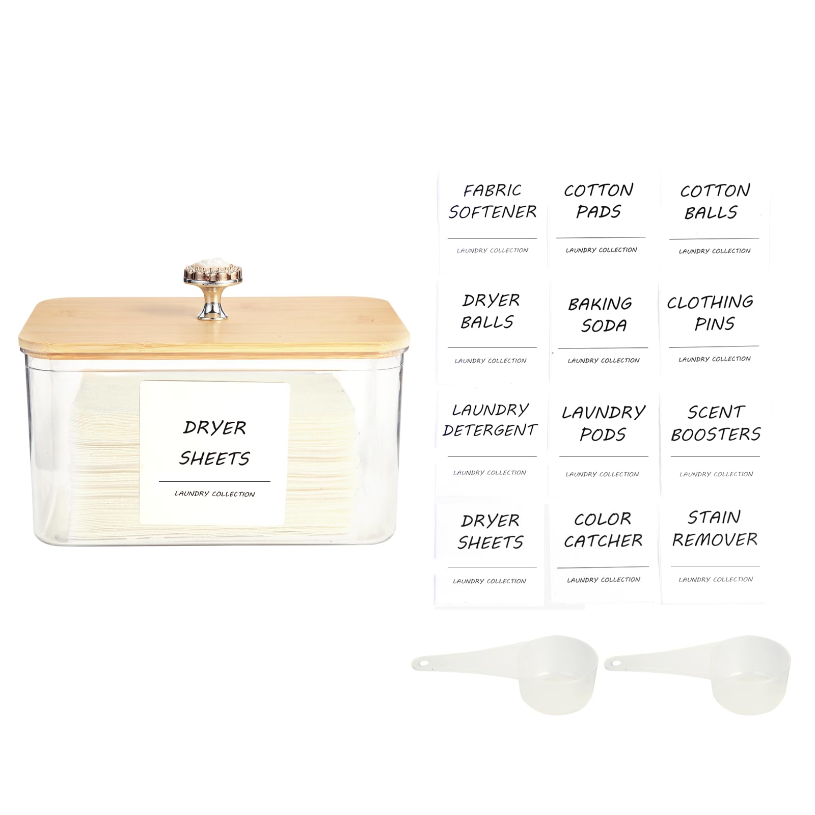 PLOUTA HOME Laundry Room Organization Storage Containers, Plastic Clear Laundry Pods Container & Dryer Sheet Holder Jars with Lids, Scoops & Labels for Detergent, Powder, Dryer Balls, Beads