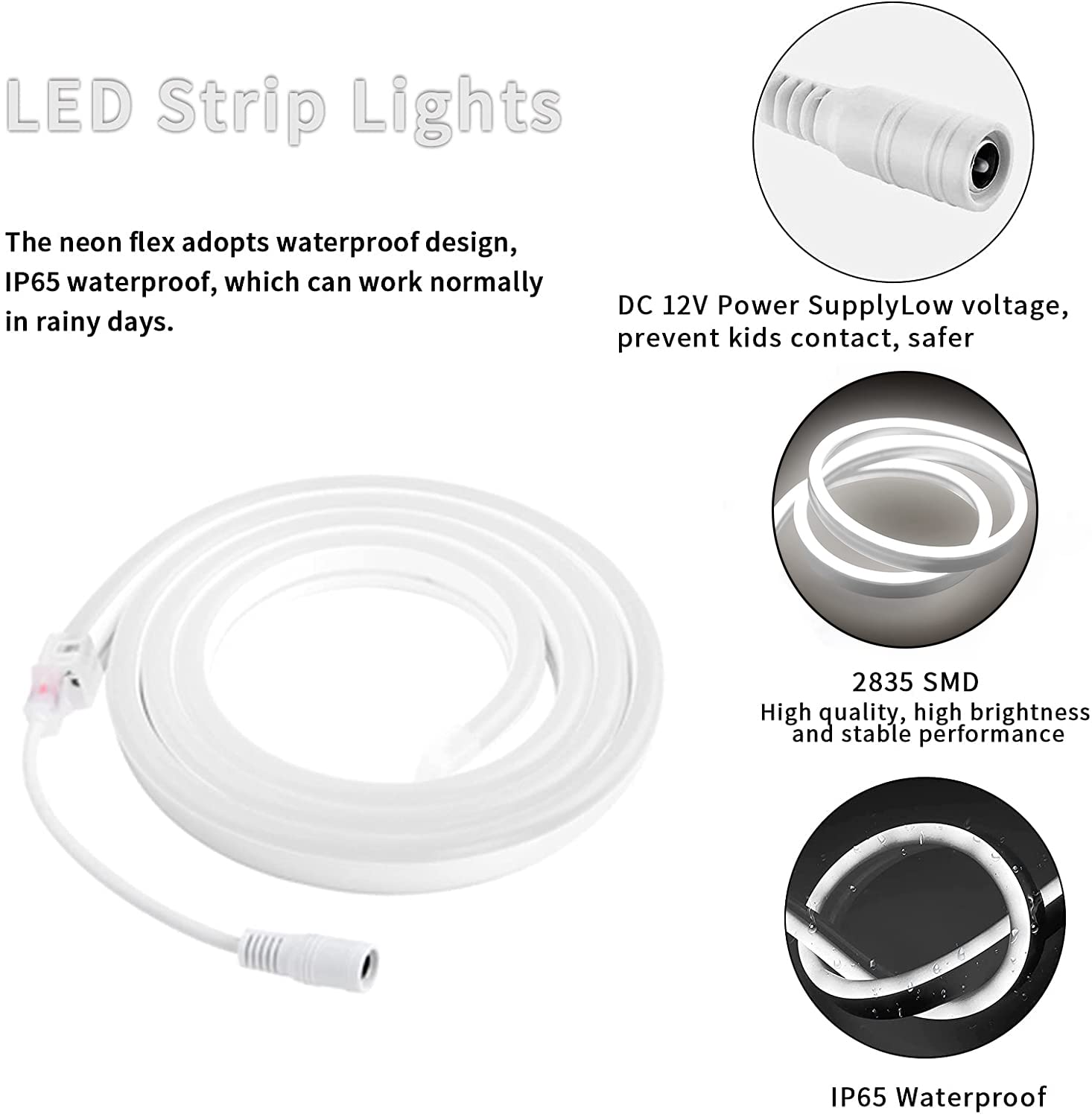 LanM Epoch Neon LED Strip,6.5ft/2m LED Neon Rope Light ,12V Flexible Waterproof Neon Strip Light with DC Power Adaptor, Neon Rope Lights for Bedroom and Indoor Outdoor Decor ( Whitle)