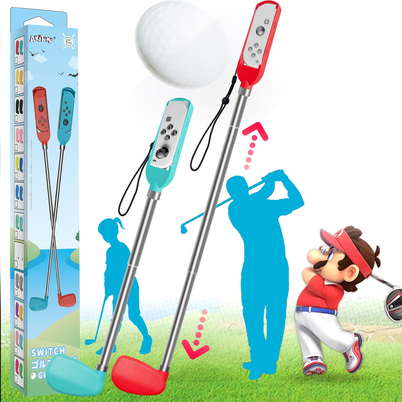 Mario Golf Clubs for Switch/Switch OLED, Adjustable Golf Club for Switch Pressed ZL&ZR with Hand Strip for Controller, Golf Club for Switch Sprots Mario Golf Super Rush 2021 - Red & Blue
