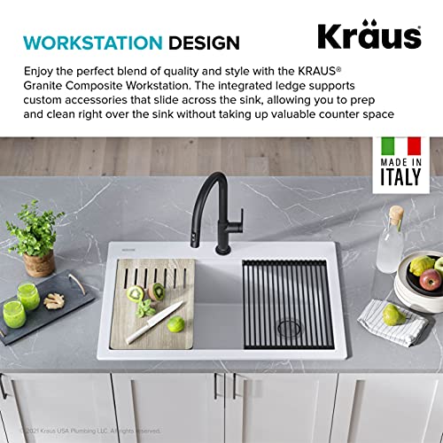 KRAUS Bellucci Workstation 33 in. Drop-In Granite Composite Single Bowl Kitchen Sink in White with Accessories with WasteGuard™ Continuous Feed Garbage Disposal, KGTW1-33WH-100-75MB