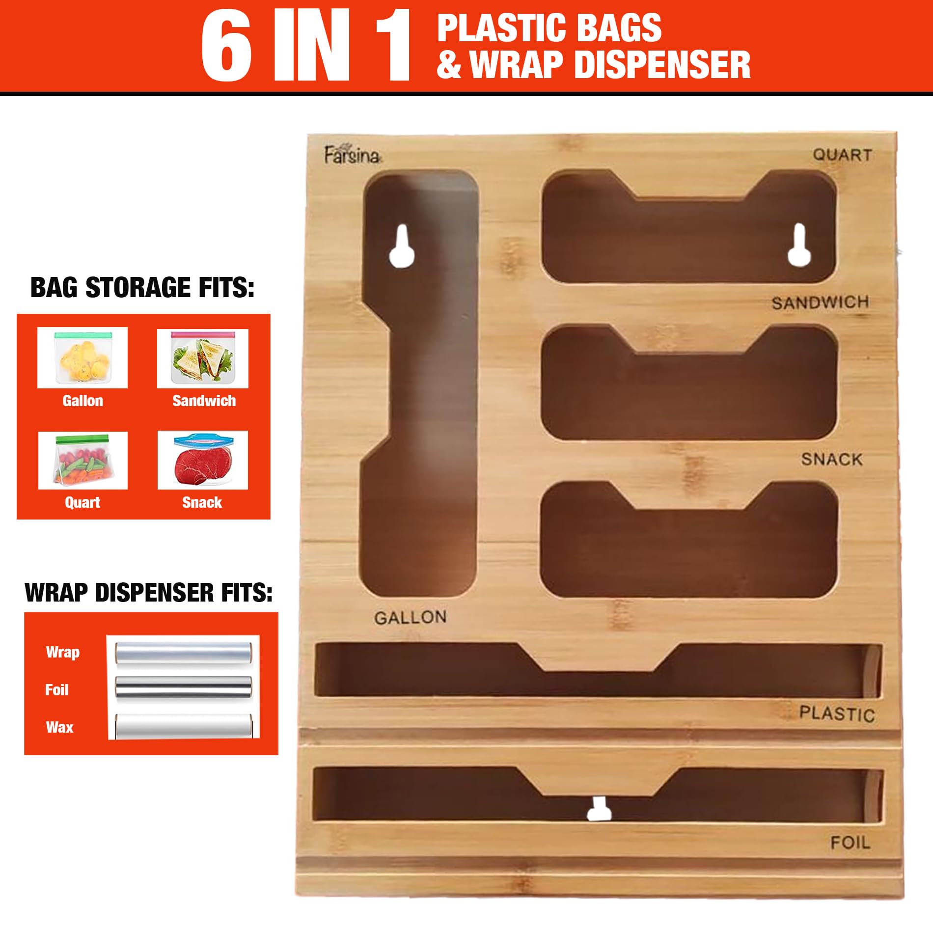 Kitchen Bag Storage Organizer 6 in1 Bamboo Foil and Plastic Wrap Dispenser with Cutter for Kitchen Drawer Suitable for Gallon Quart Sandwich Snack Bag