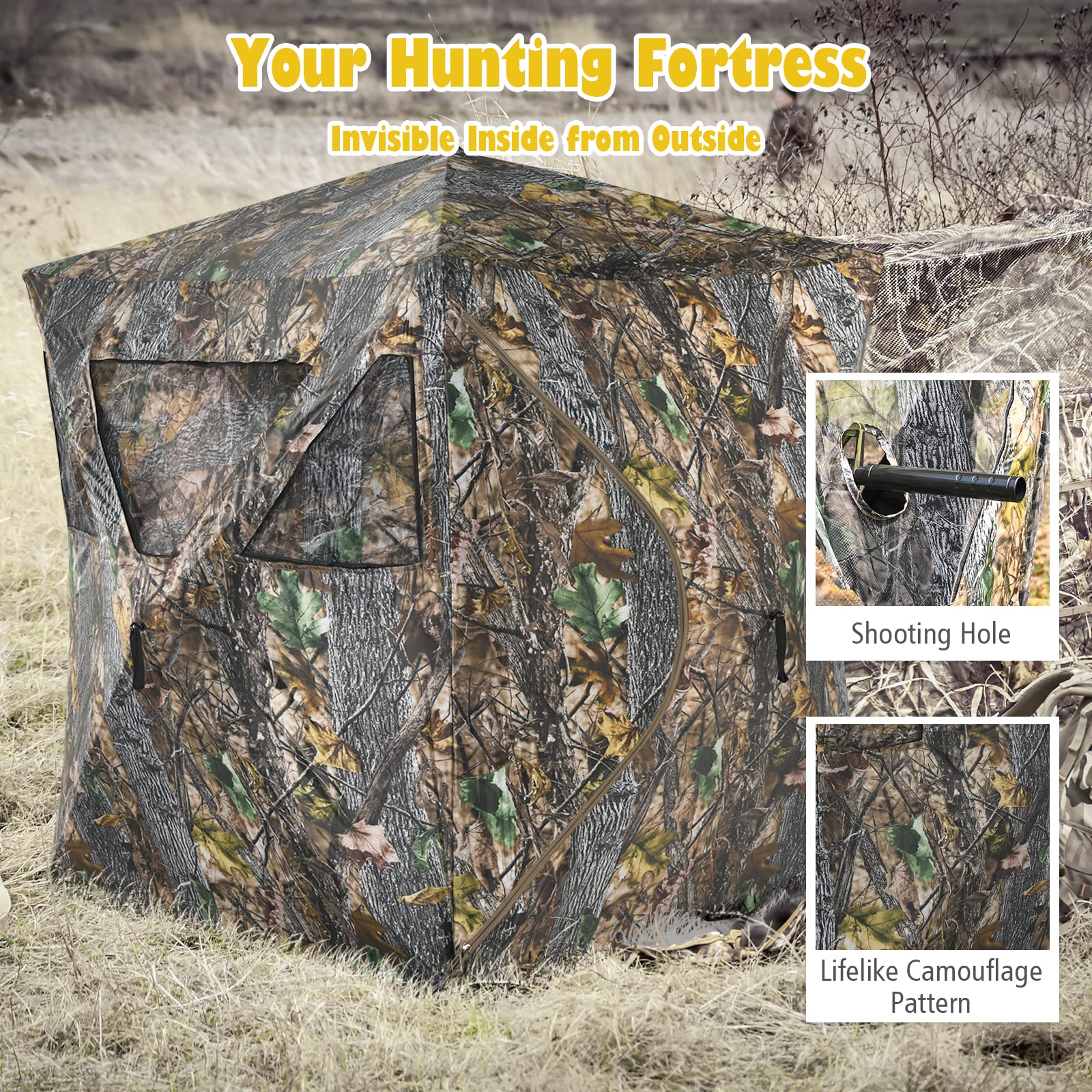 HAPPYGRILL Portable Hunting Blind with 360 Degree Mesh Windows, Pop up Camouflage Hunting Tent with Carrying Bag & Ground Stakes