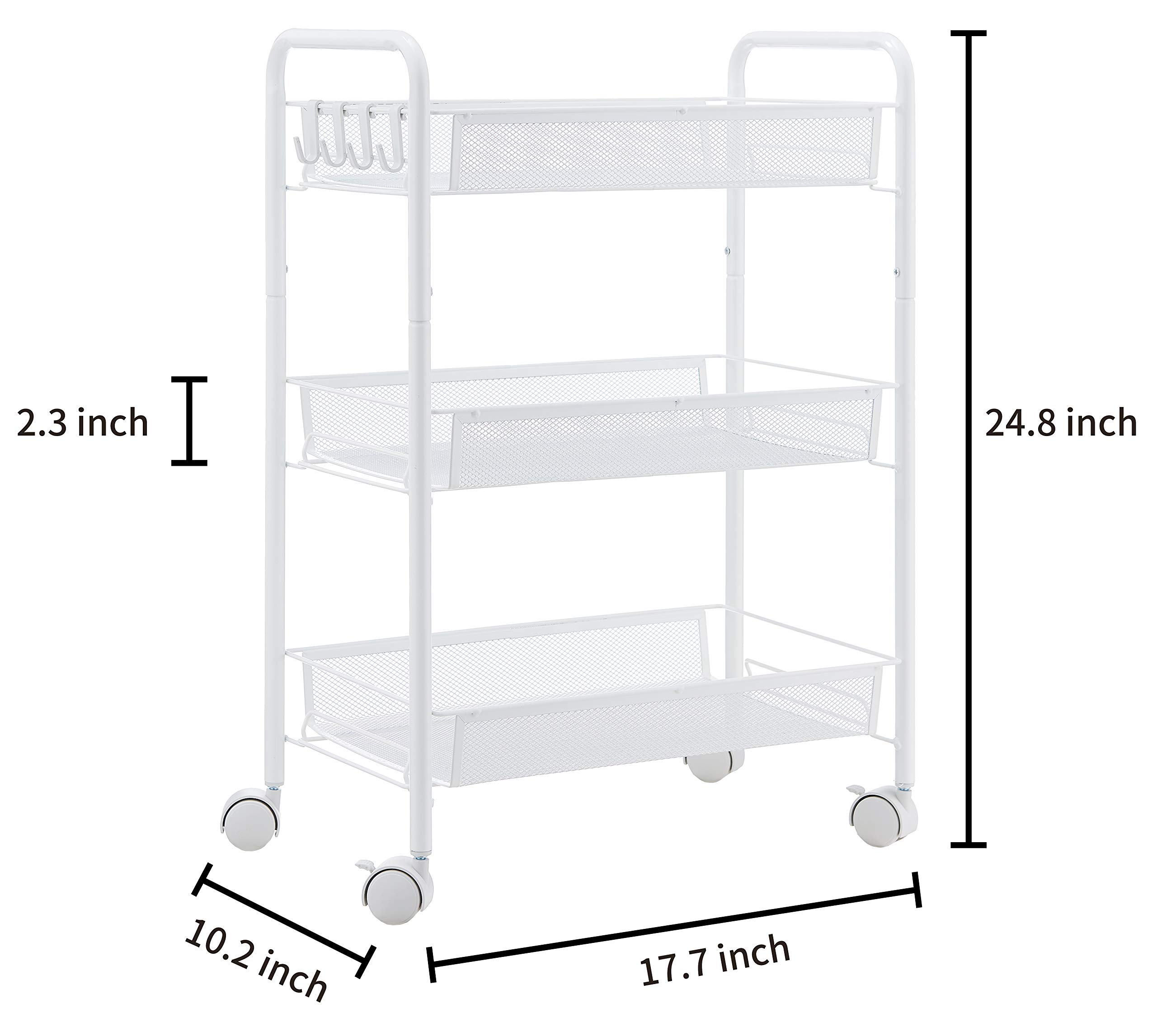 JANE EYRE 3-Tier Rolling Utility Storage Rack Cart on Wheels, Trolley Craft cart, Multi-Purpose Organizer Shelf, White