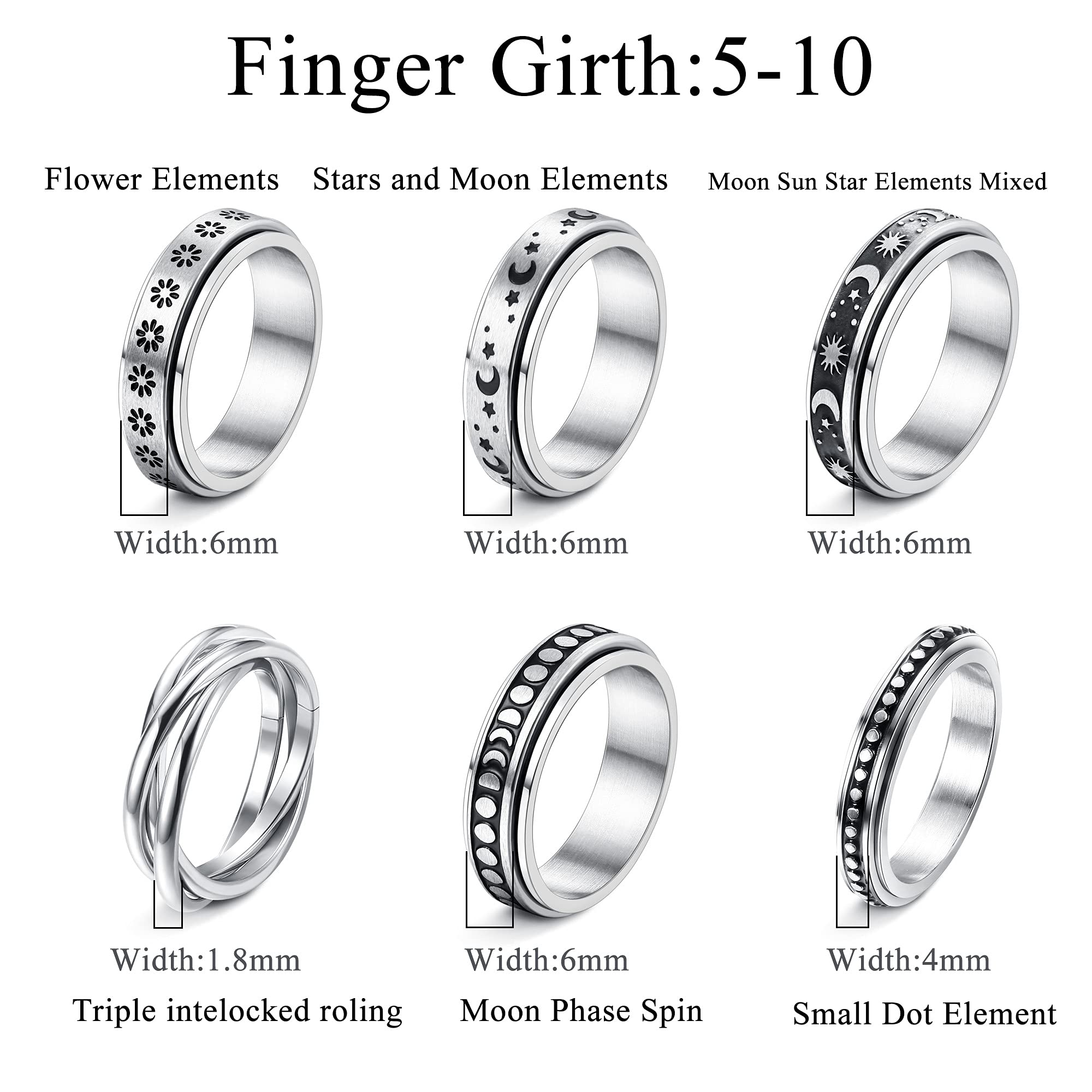 Jstyle 6Pcs Stainless Steel Spinner Ring for Women Men Triple Interlocked Rolling Flower Moon Star Fidget Band Rings for Stress Relieving Wedding Promise 5