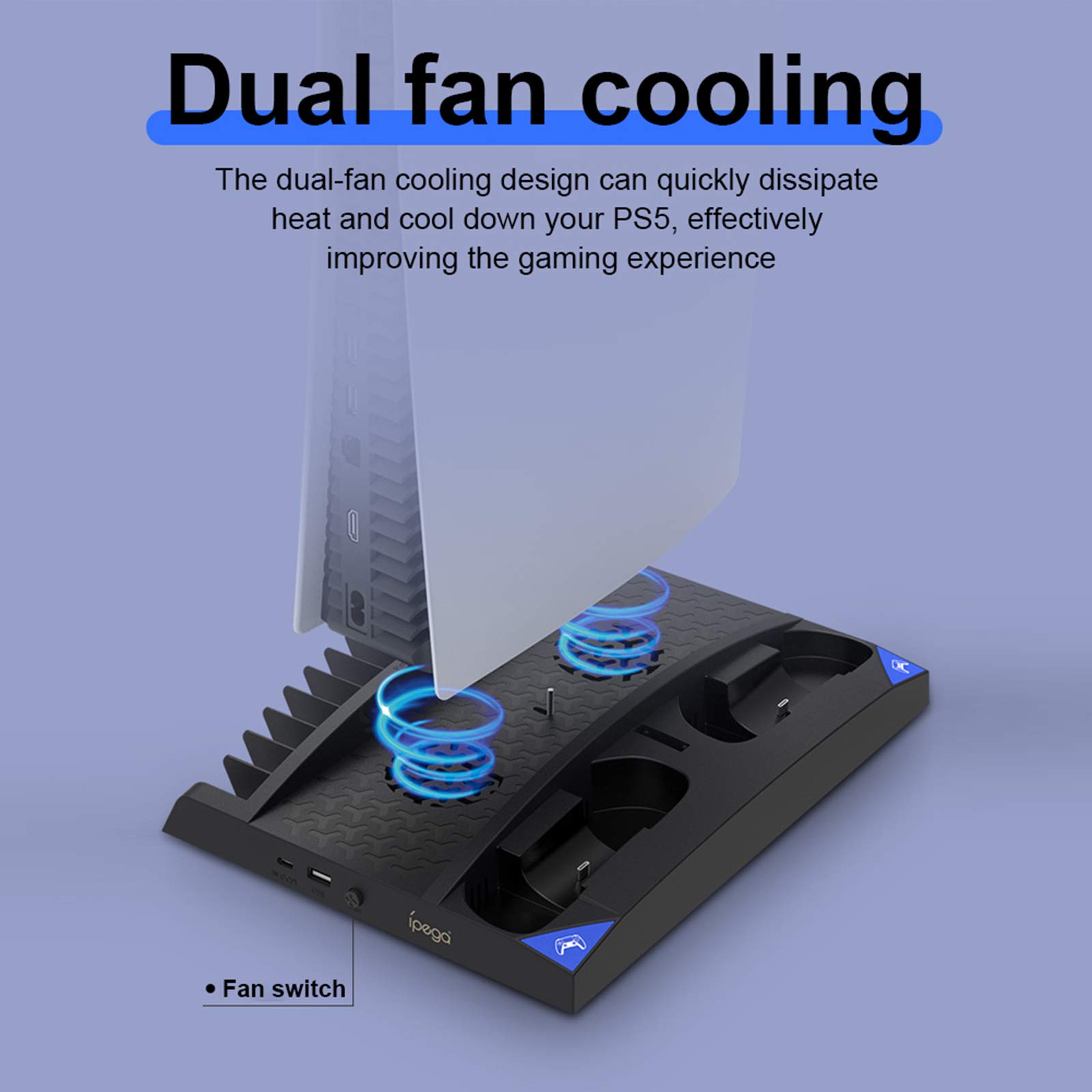 ipega PG-P5013 Cooling Fan Charging Station Dual Controller Charger with Cooling Fan Controller, LED Charging Base, Headset Stand, Game Card Storage, for PS5 Game Host Accessories