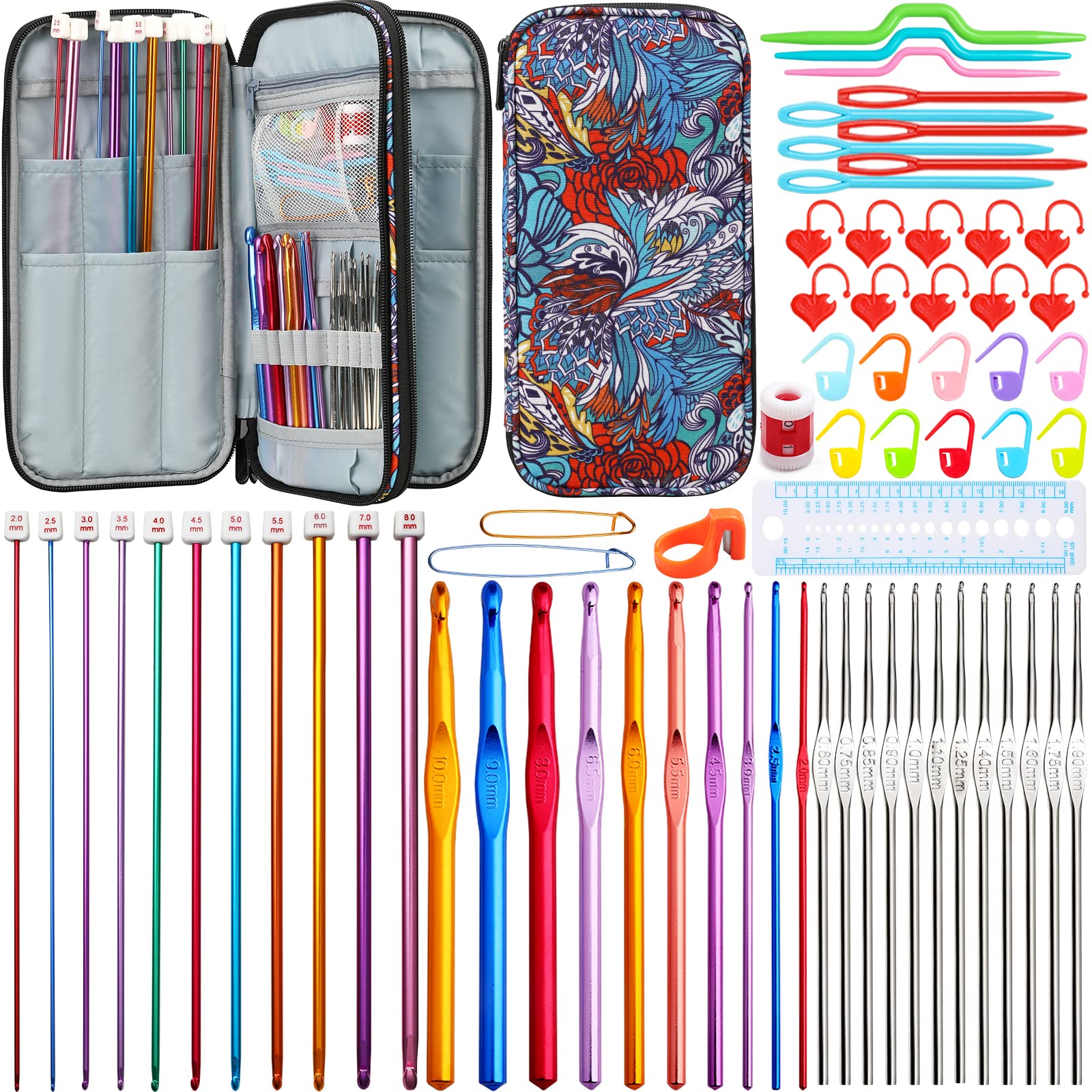 LOOEN 68pcs Crochet Hooks Set,Aluminum Tunisian Crochet Hooks Set Afghan Knitting Needles Kit with Case,11pcs 2mm/B-8mm/L Multicolor Hooks and Necessary Accessories