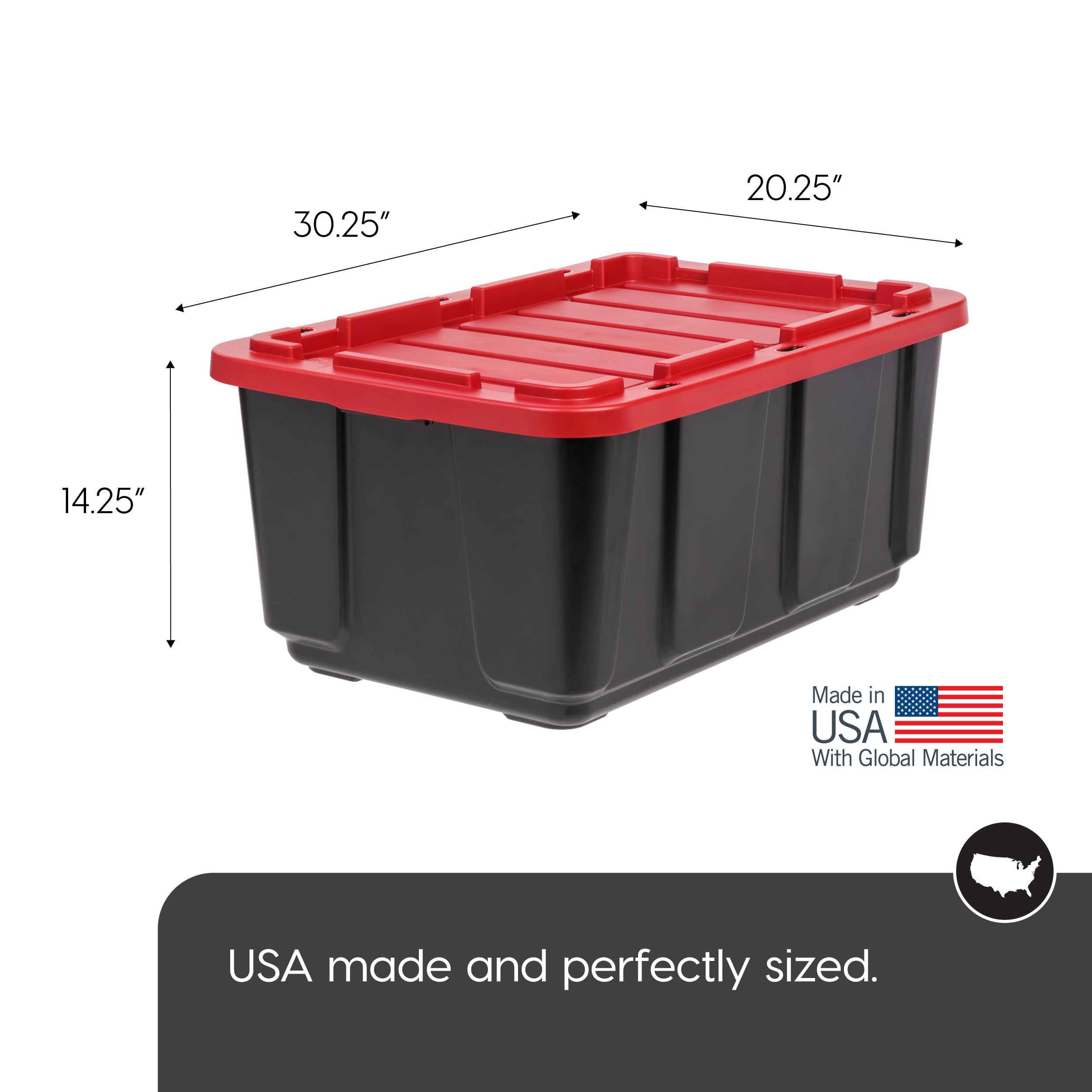 IRIS USA 27 Gallon Large Heavy Duty Storage Bins with Lids, 4 Pack - Made in USA, Snap On Lid Stackable Industrial Tough Totes, Rugged Tubs, Garage Organization, Rugged Reusable Boxes - Black/Red