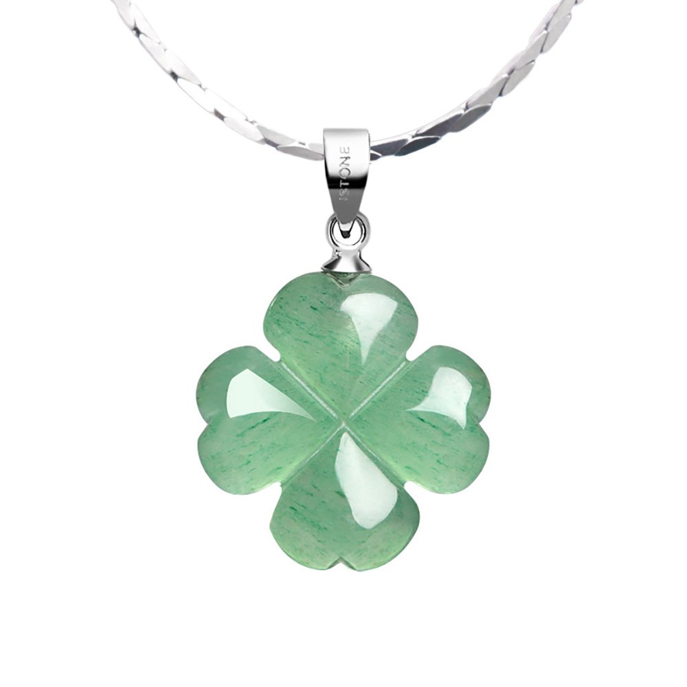 iSTONE Green Jade Lucky Four Leaf Clover Heart Pendant 925 Sterling Silver Necklace 18 Inches Fine Jewelry for Women St. Patrick's Day