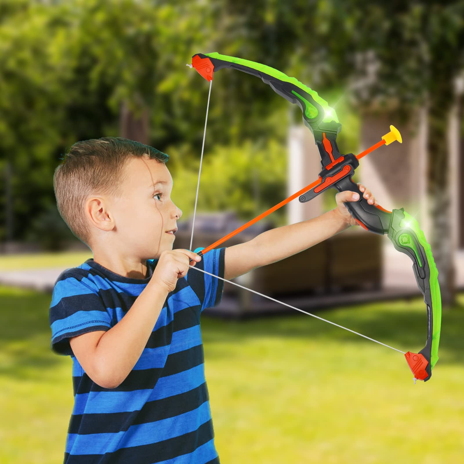 MorTime 2 Pack Bow and Arrow Set with LED Flash Lights, Practice Outdoor Toys for Kids ,Green Light Up Archery Toy Set -includes 6 Suction Cup Arrows