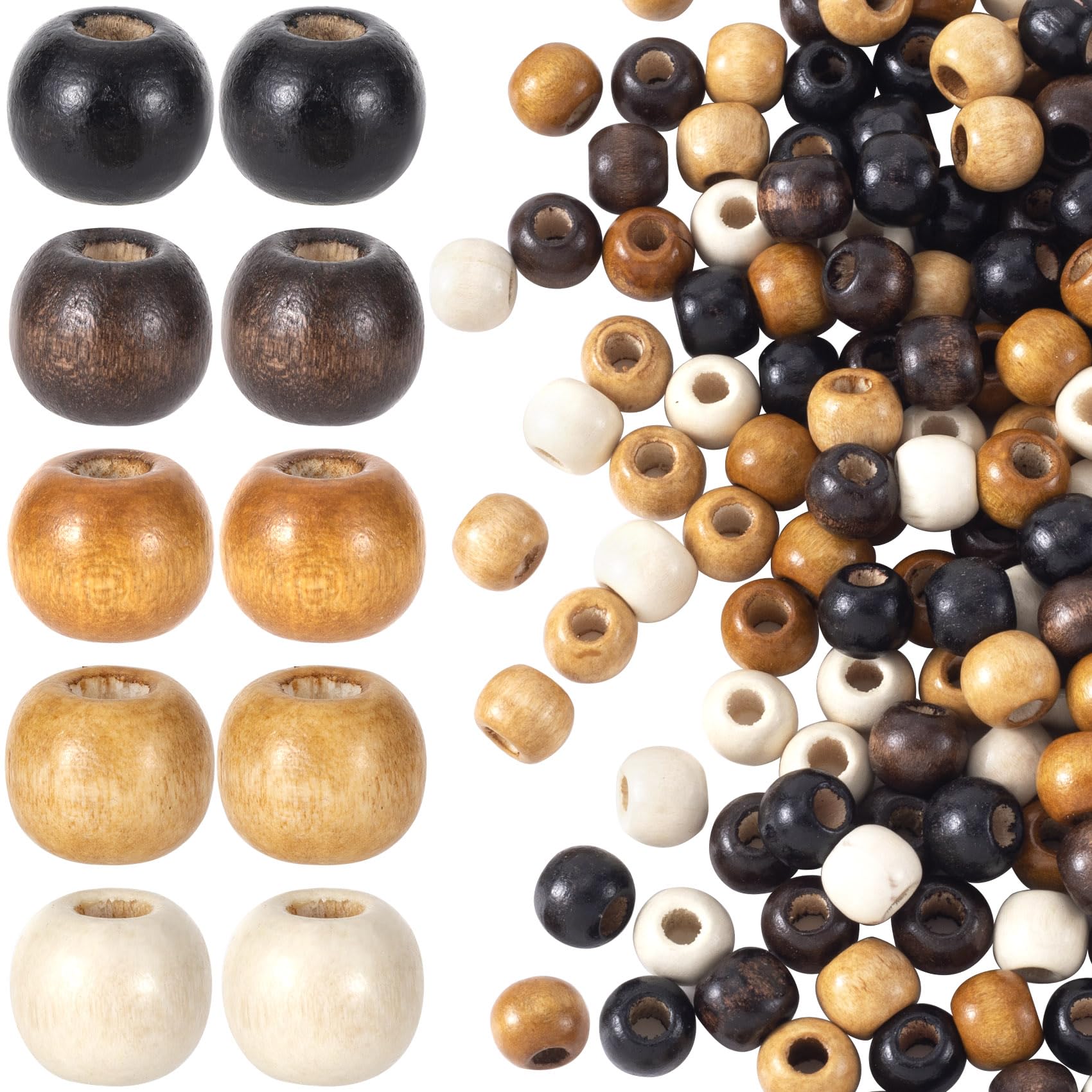 Pndeyo 100pcs Large Hole Wooden Beads for Crafts, Vintage Round Natural Wood Hair Bead, 5 Colors 9X10mm Wooden Loose Spacer Beads for Macrame Necklace Bracelet Hair DIY Craft Handmade Decor