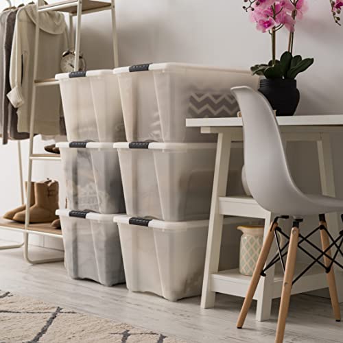 IRIS USA 54 Qt Stackable Plastic Storage Bins with Lids, 6 Pack - BPA-Free, Made in USA - Discreet Organizing Solution, Latches, Durable Nestable Containers, Secure Pull Handle - Pearl