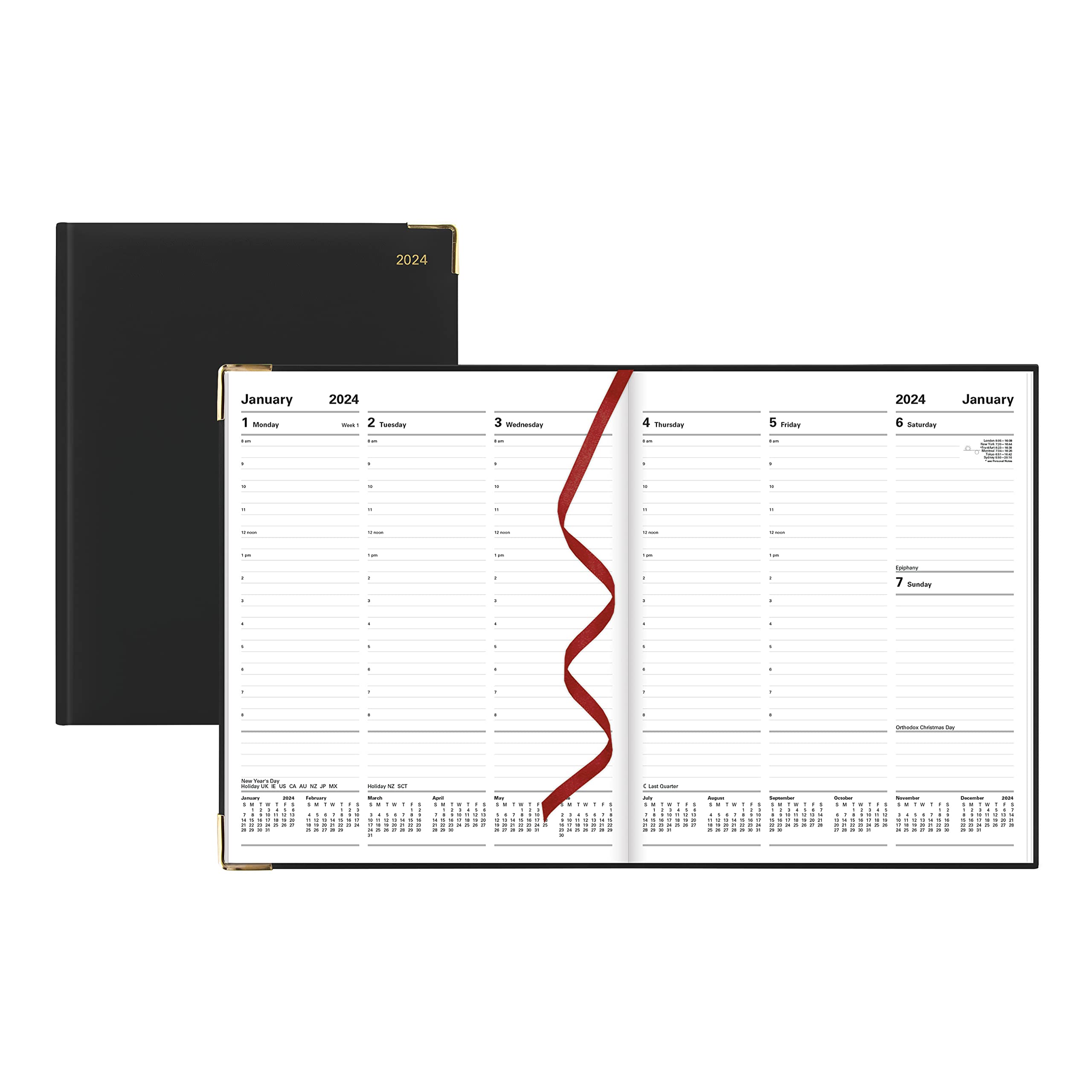 Letts of London Roma Weekly Planner, 12 Months, January to December, 2024, Italian Leather, Quarto Size, 10.25" x 8.25", Black (C33YIBK-24)