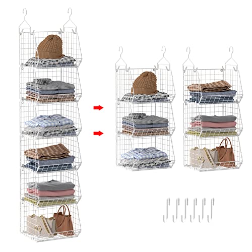 X-cosrack 6 Tier Closet Hanging Organizer, Clothes Hanging Shelves with 4 Hanging Hooks 5 S Hooks, Wire Storage Basket Bins, for Clothing Sweaters Shoes Handbags Clutches Accessories Patent Design