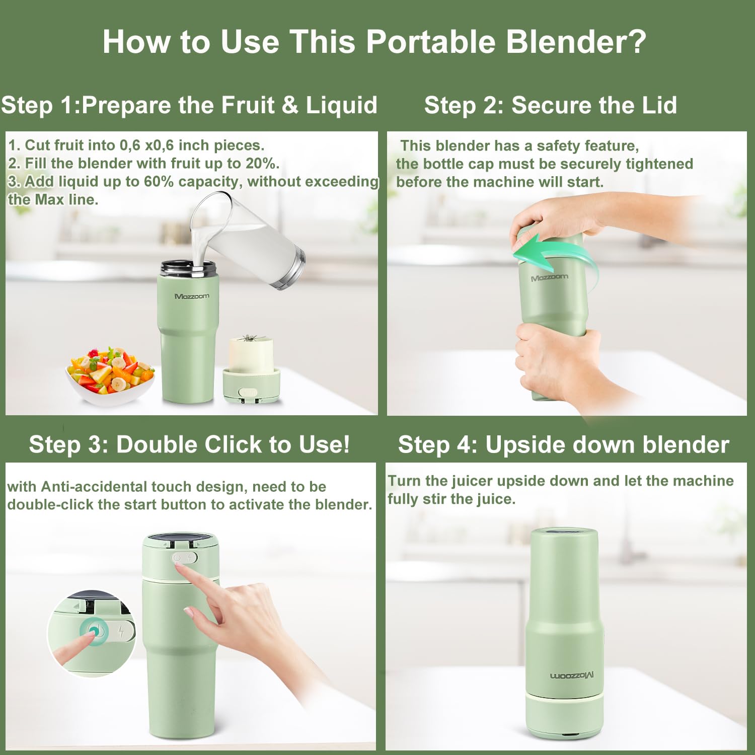 Portable Blender for Smoothies and Shakes,Personal Blender, 15 oz Vacuum Insulated Stainless Steel Keep Cold or Hot,BPA Free,USB Rechargeable,Travel Blender for Anywhere,Green(1 Pack)