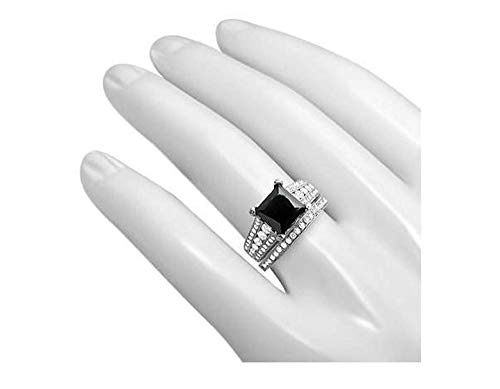 IRA 14K White Gold Over 925 Sterling Silver 2.00 ct Princess Cut Black & White CZ Diamond Engagement Wedding Halo Bridal Ring Set Womens