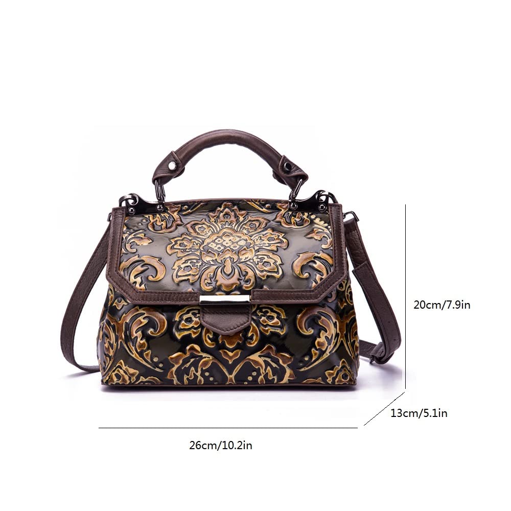 LMKIDS Genuine Leather Purses and Handbags for Women,Organizer Top Handle Satchel Vintage Embossing Totem Shoulder Bag (Coffee)
