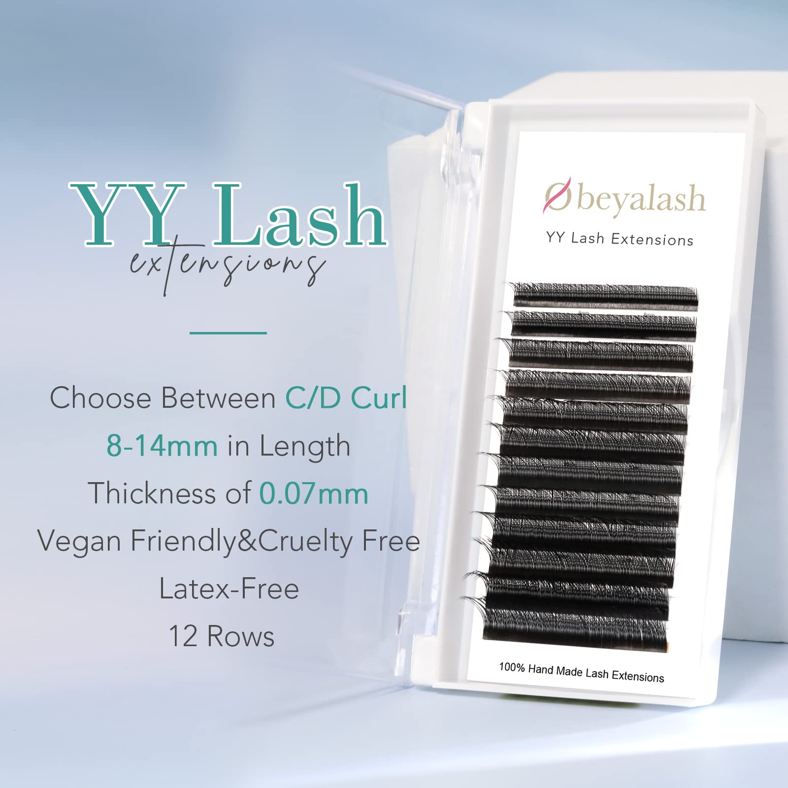 OBEYA Y Lashes Extensions 2D Premade Fans Eyelash Extensions Weave YY Shaped Tips Volume Lash Extensions, Quick Easy Application, Full Fluffy Volume Look, Long Lasting D Curl 0.07mm 8-14mm Mix Tray