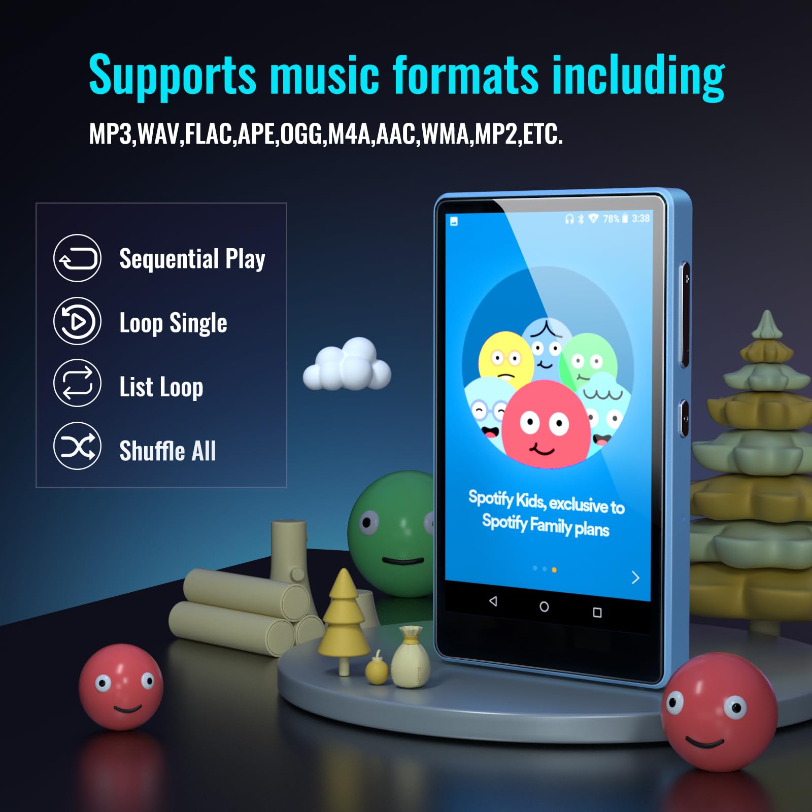 Kids MP3 Player with Parental Controls, Pre-Installed Spotify Kids, Spotify, Audible, Amazon Music, 4.0" IPS MP4 Music Player Up to 256GB (Blue)