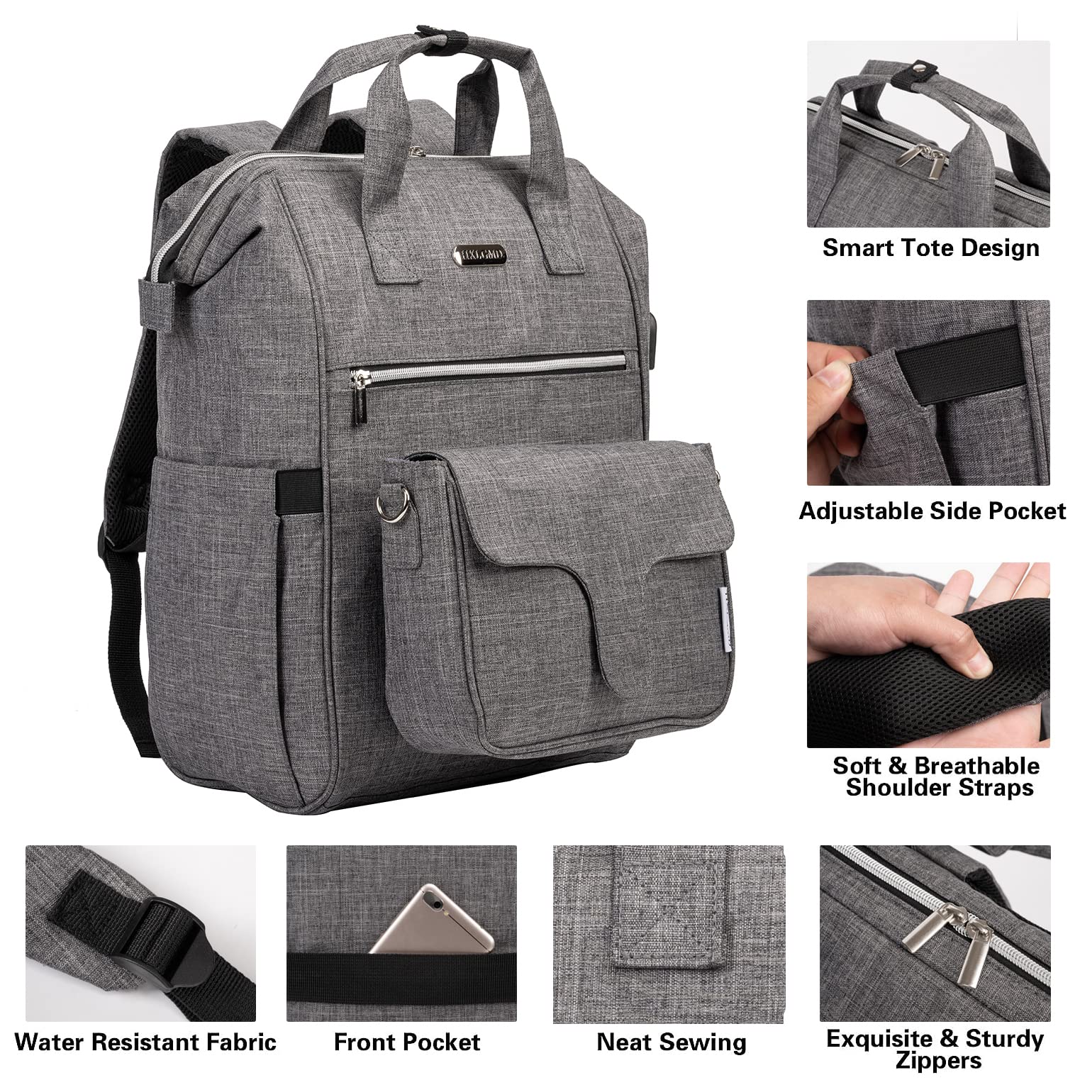 HXLGMD 15.6 Inch Laptop Backpack for Women Men 2 PCS Set Convertible Travel Work Backpack Professional Teacher Nurse Bag Daypack Purse with USB Port for Business College -Grey