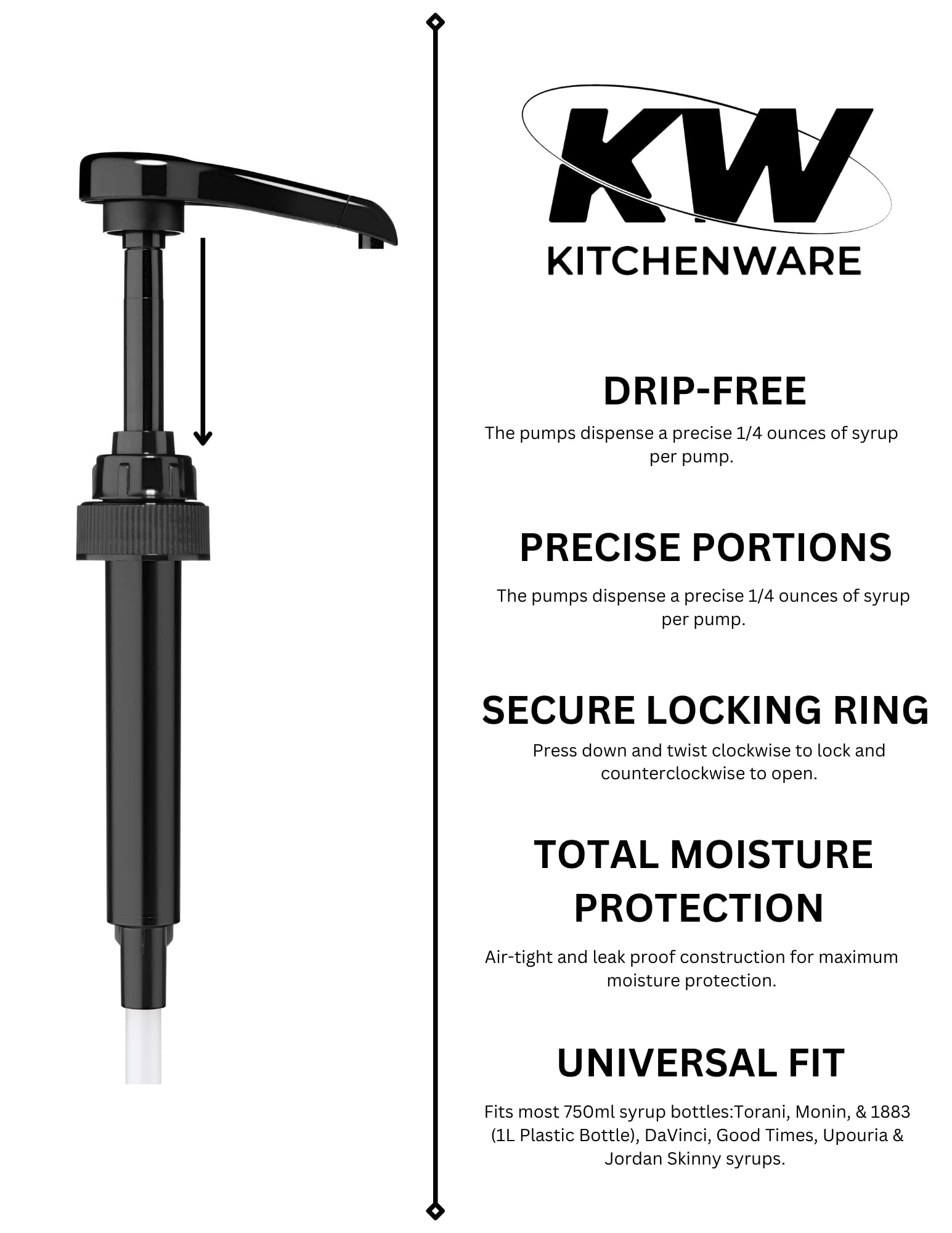 Kitchenware | 4-Pack Black Coffee Syrup Pumps | Fits 750 mL Torani, Davinci, and Jordan Skinny Bottles | Also fits 1L Monin Bottles
