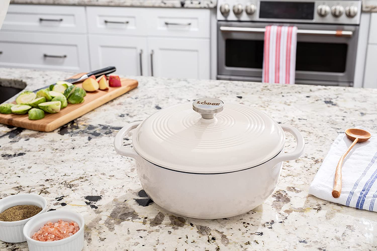 Lodge Enameled Cast Iron Dutch Oven, 7.5 Quart, Oyster & Enameled Cast Iron and Stoneware Care Kit, 12 oz