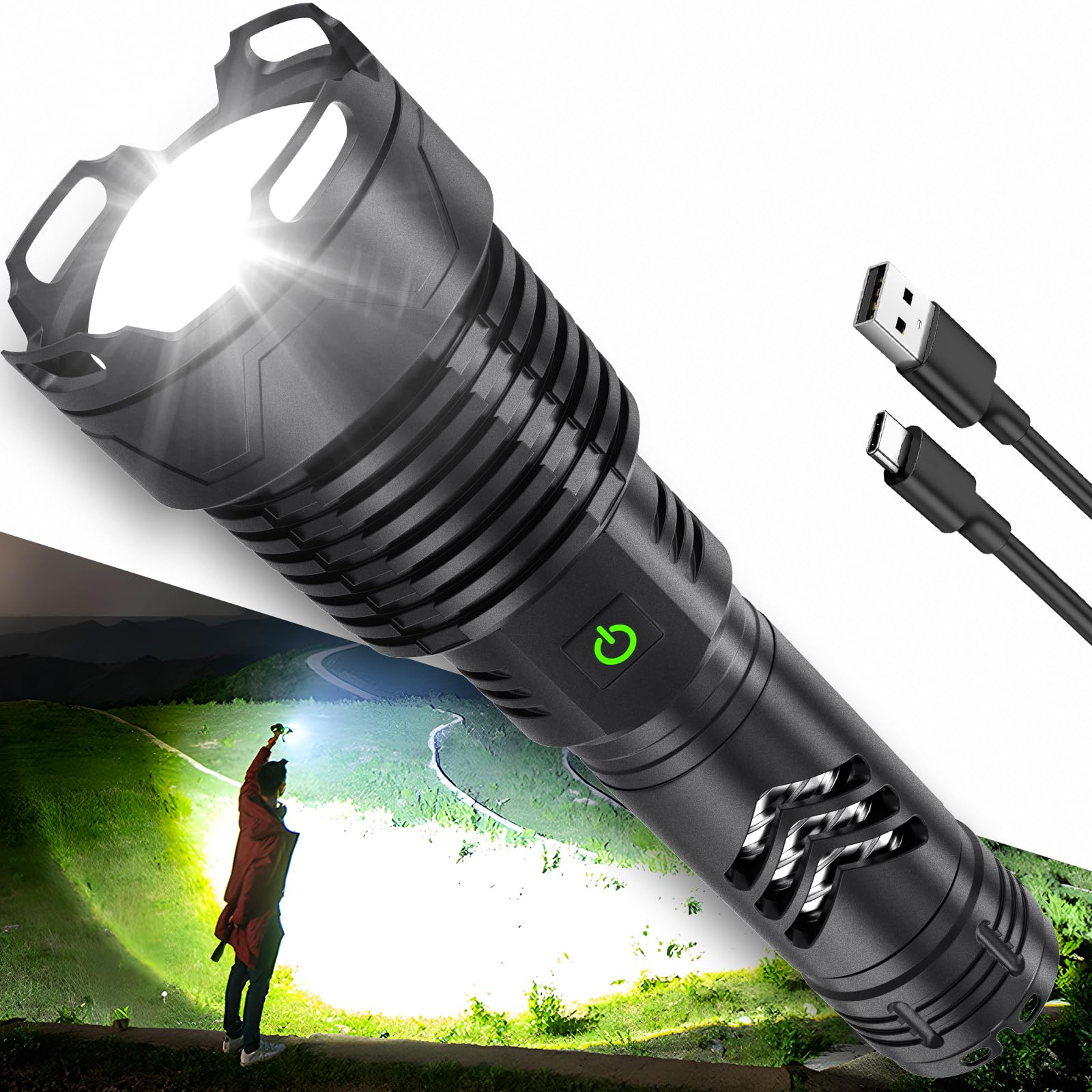 KINGCAESAR Rechargeable Flashlights High Lumens, 250000 Lumens Super Bright Flash Light, 5 Modes with Long Runtime, Waterproof, Handheld Powerful LED Flashlight for Hu∩ting, Camping, Gift