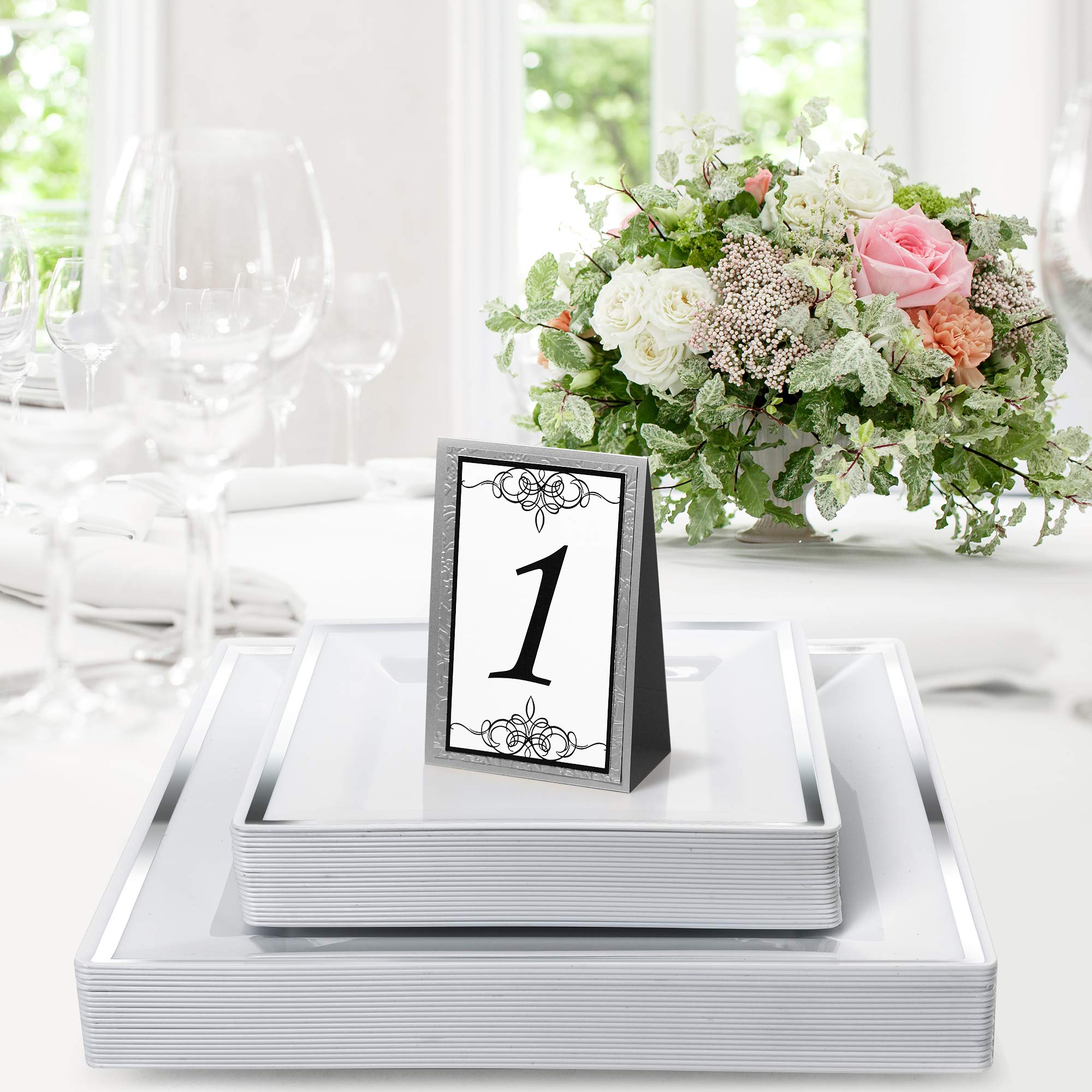 MATANA 40 Fancy White Plastic Plates for Party with Silver Rim - Heavy Duty Square Dinner Plates 9.5" Inch x 20, Salad & Dessert Plates 6.5" Inch x 20 for Wedding Reception, Birthday Parties & Events
