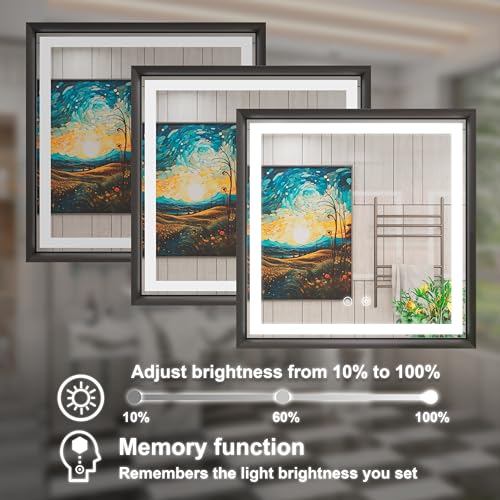 JSneijder 32x32 Inch LED Bathroom Mirror with Lights - Black Frame Lighted Mirror for Bathroom - Wall Mounted Dimmable Anti-Fog LED Vanity Mirror - Horizontal/Vertical, 6000K