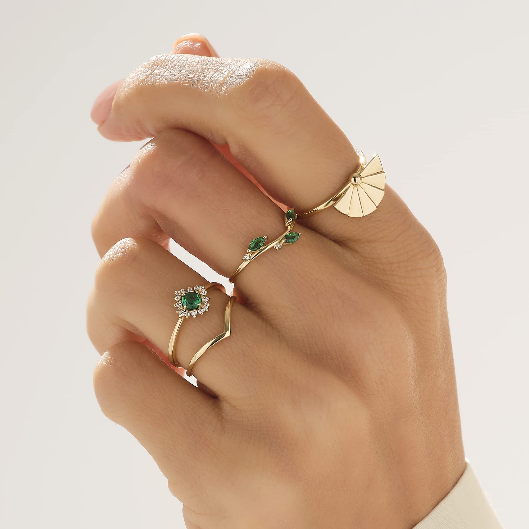 Norm Jewels 14k Gold Leaf Wedding Bands for Women Emerald Stackable Rings May Birthstone Stacking Rings Yellow Gold Rings (Yellow Gold, 3.5)